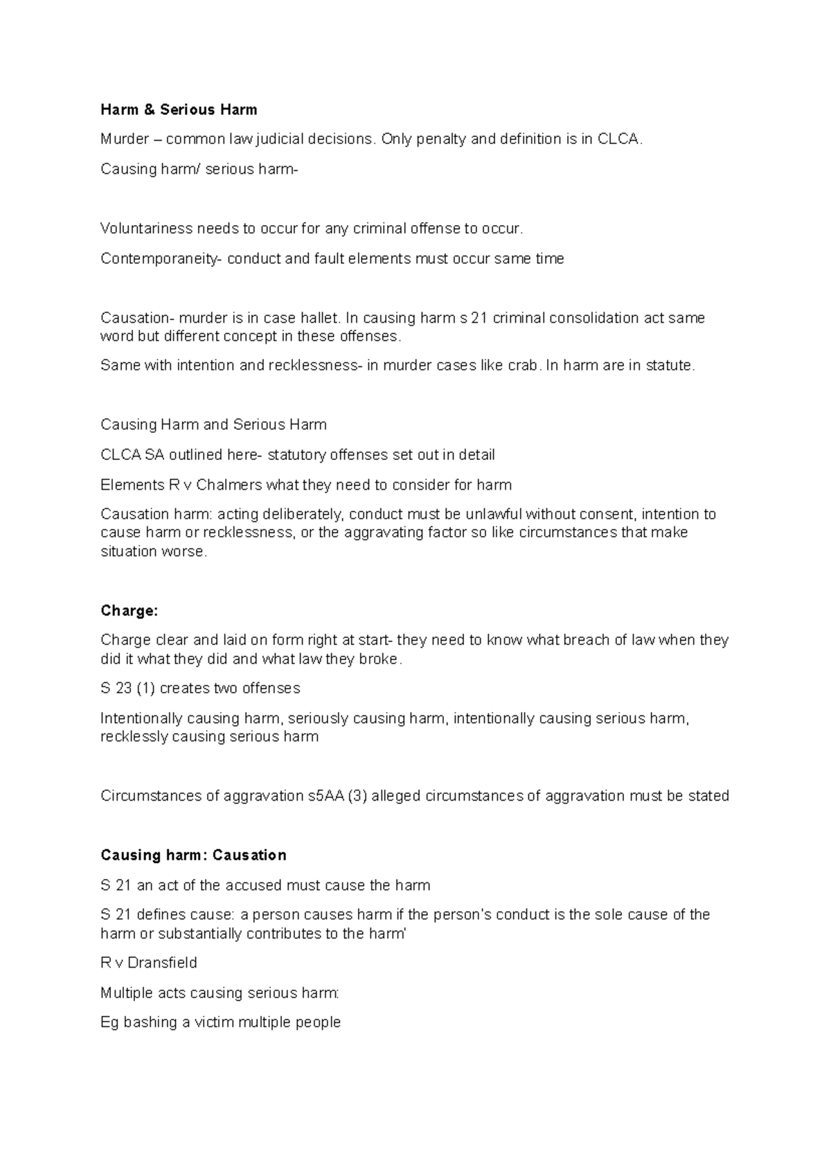 Harm notes causing harm - Harm & Serious Harm Murder – common law ...