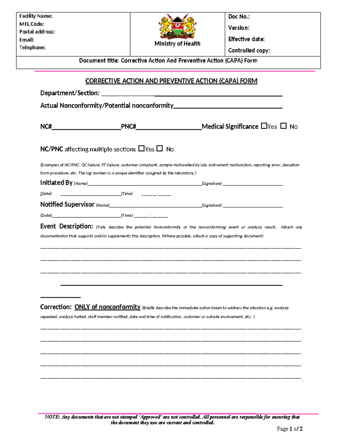 CAPA Form - CAPA FORM - Facility Name: MFL Code: Postal address: Email ...