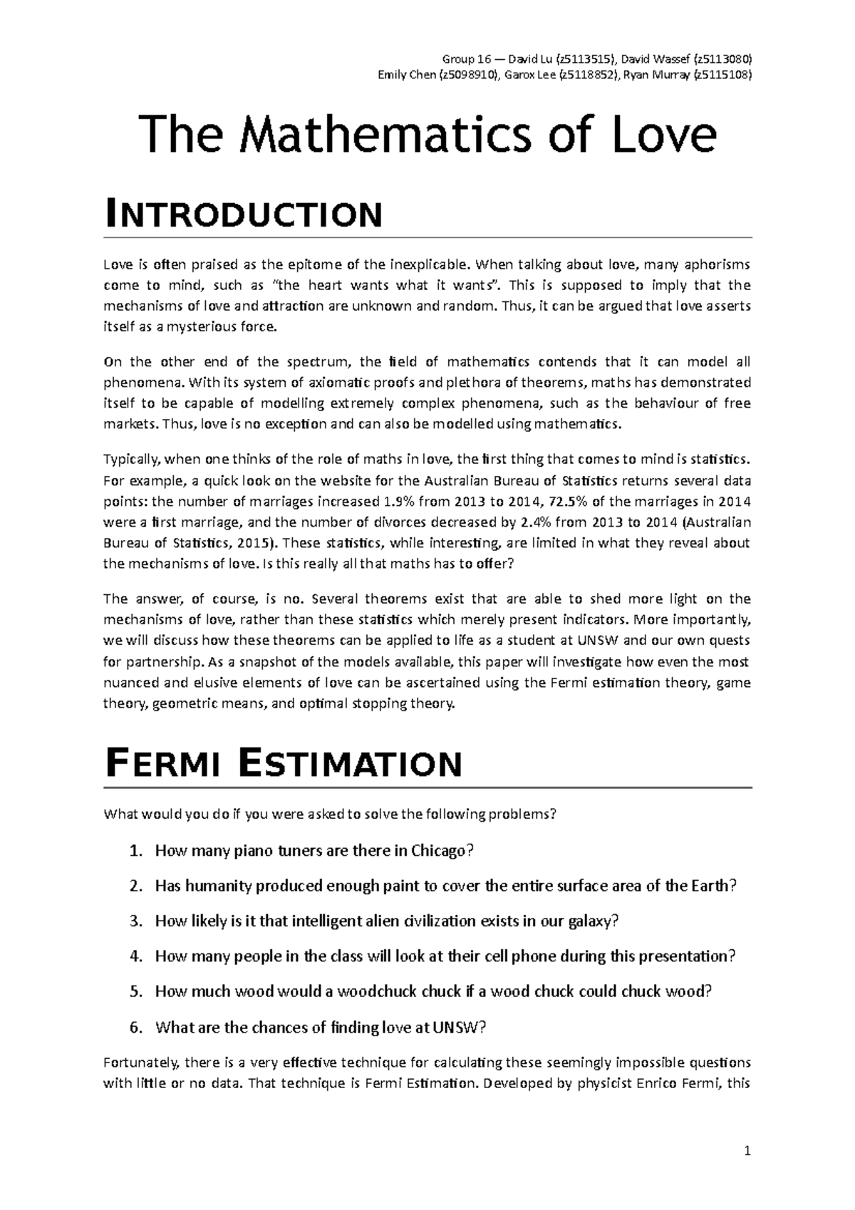 Mathematics of Love Final - Emily Chen (z5098910), Garox Lee (z5118852 ...