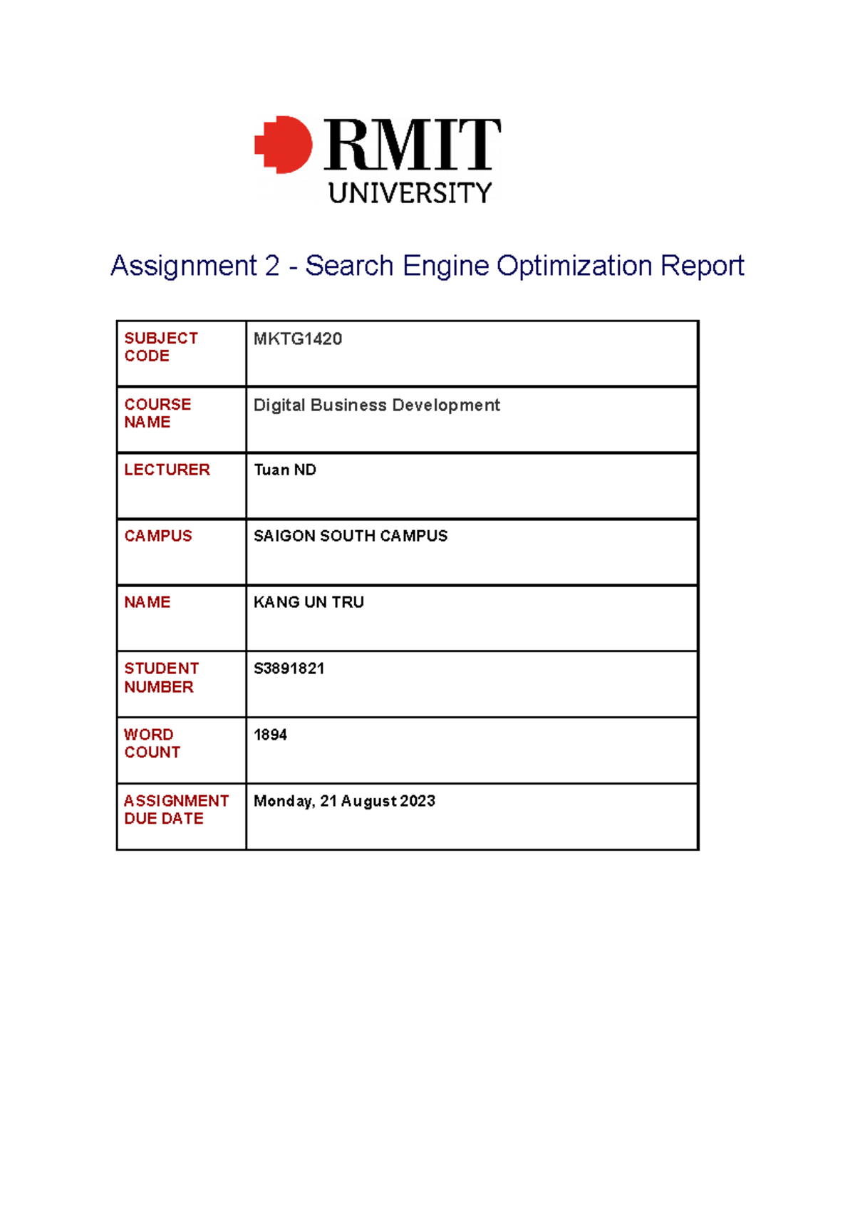 A2 S3891821 Kang Un Tru - dpd - Assignment 2 - Search Engine Optimization Report SUBJECT CODE ...