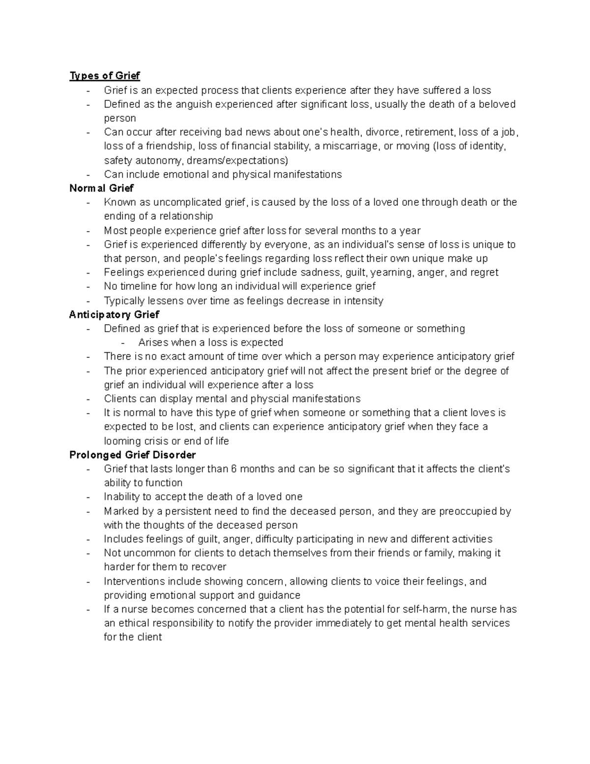 EF Grief - Dr. Williams's Class- lecture notes - Types of Grief - Grief ...
