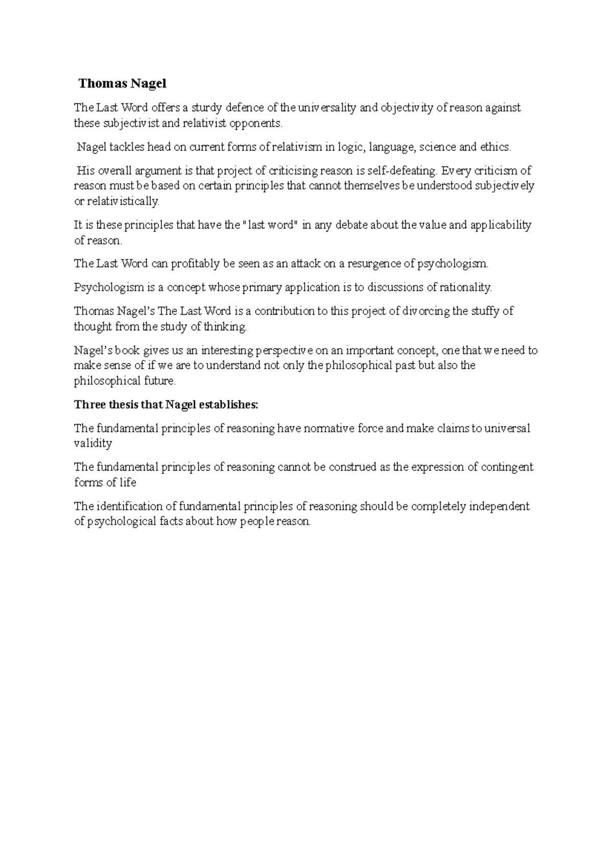 Thomas Nagel - notes - Thomas Nagel The Last Word offers a sturdy ...