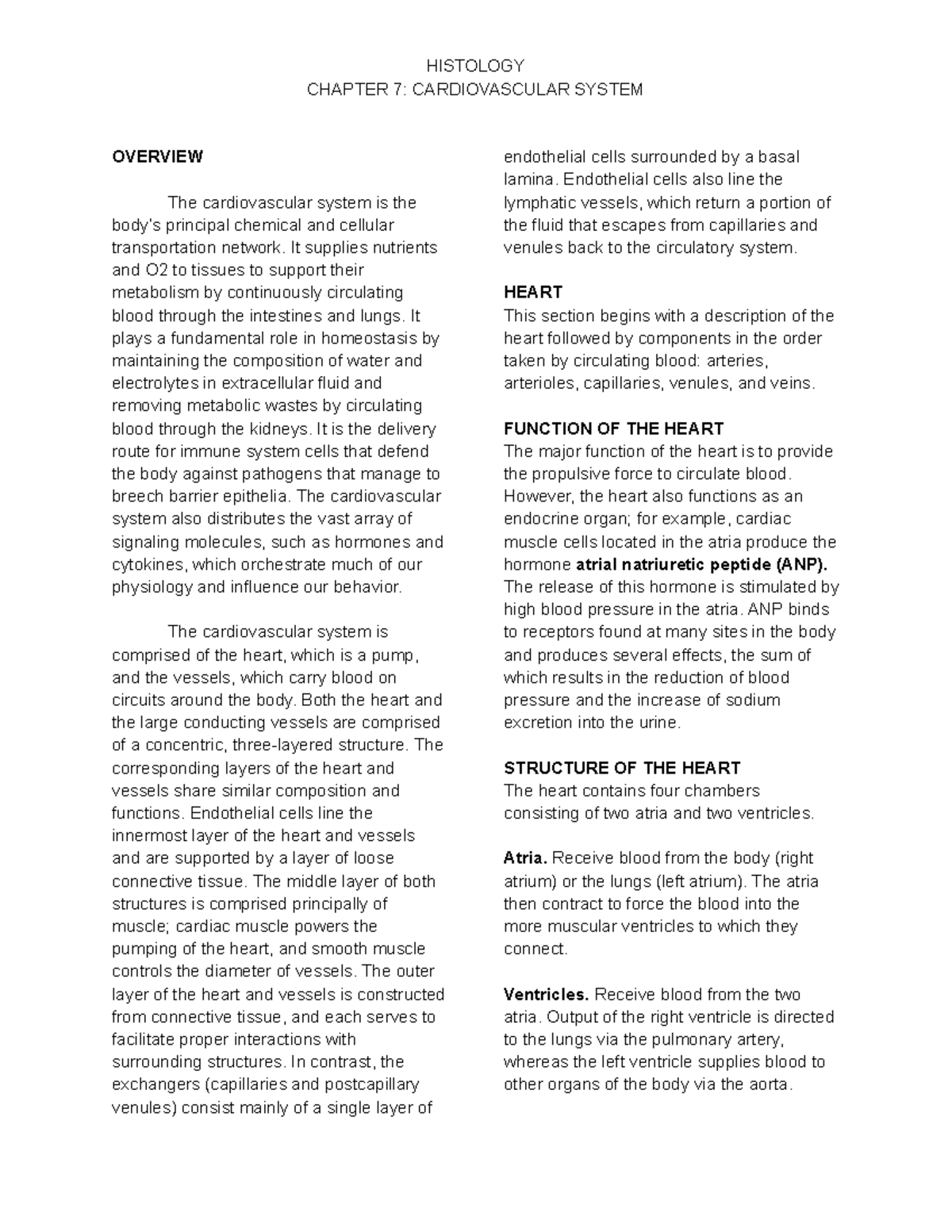 Histo-cardio-notes - CHAPTER 7: CARDIOVASCULAR SYSTEM OVERVIEW The ...