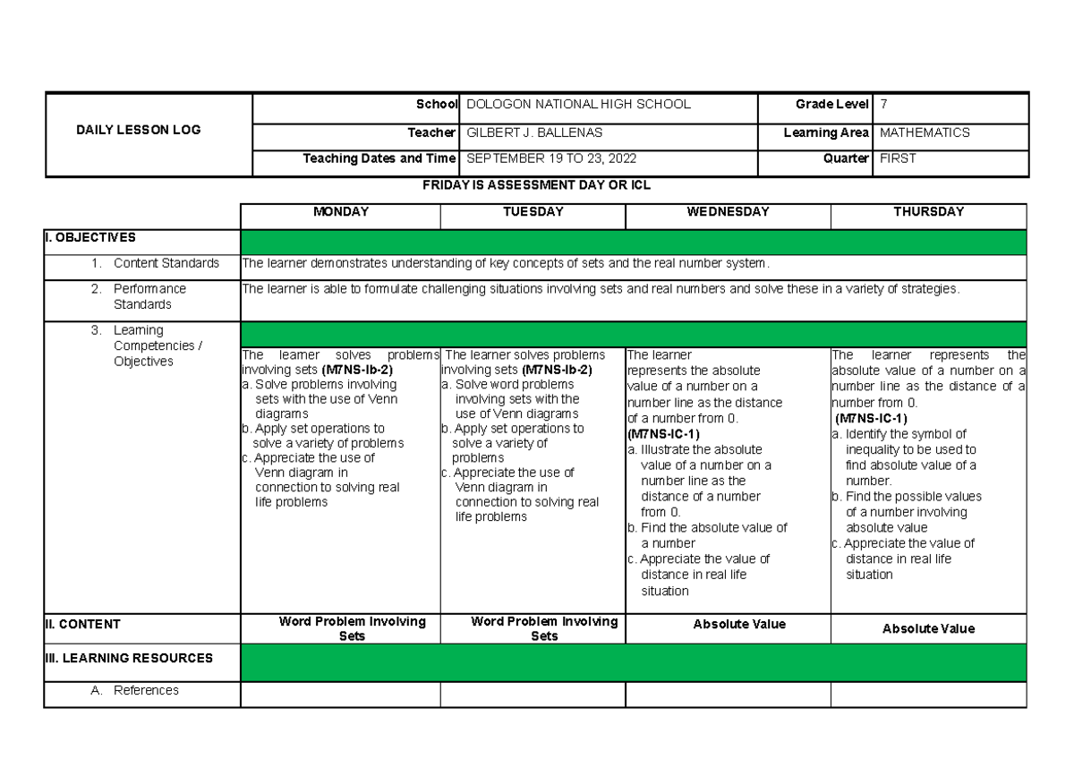 WEEK-3 - LESSON PLAN IN MATHEMATICS 7 DAILY LESSON PLAN FOR THE FIRST ...