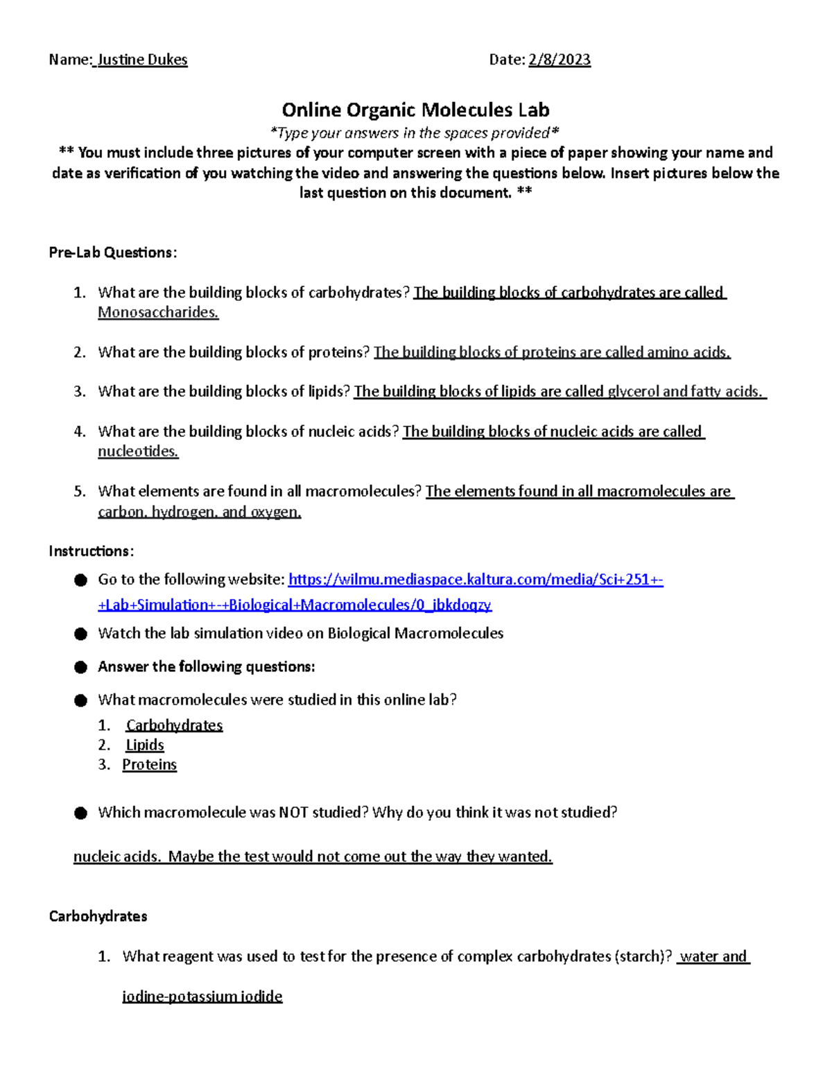 Organic Molecules Online Lab - Name: Justine Dukes Date: 2/8/ Online ...