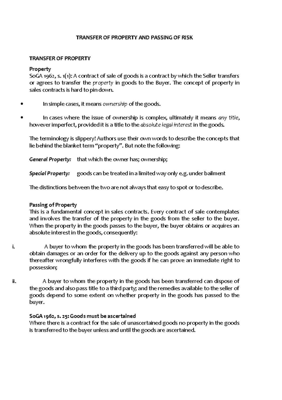Transfer OF Property AND RISK - TRANSFER OF PROPERTY AND PASSING OF ...