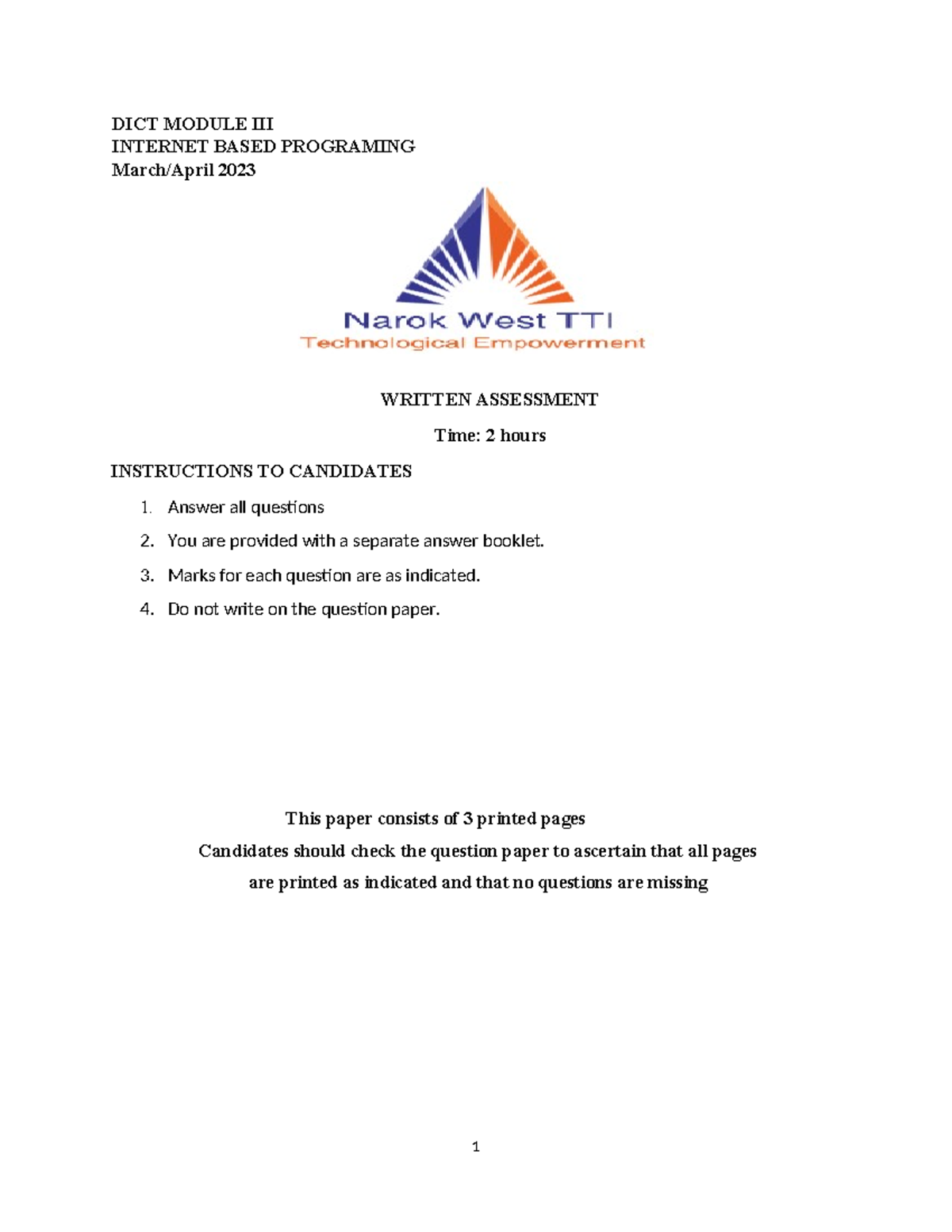 Internet Based Programming - DICT MODULE III INTERNET BASED PROGRAMING March/April 2023 WRITTEN ...