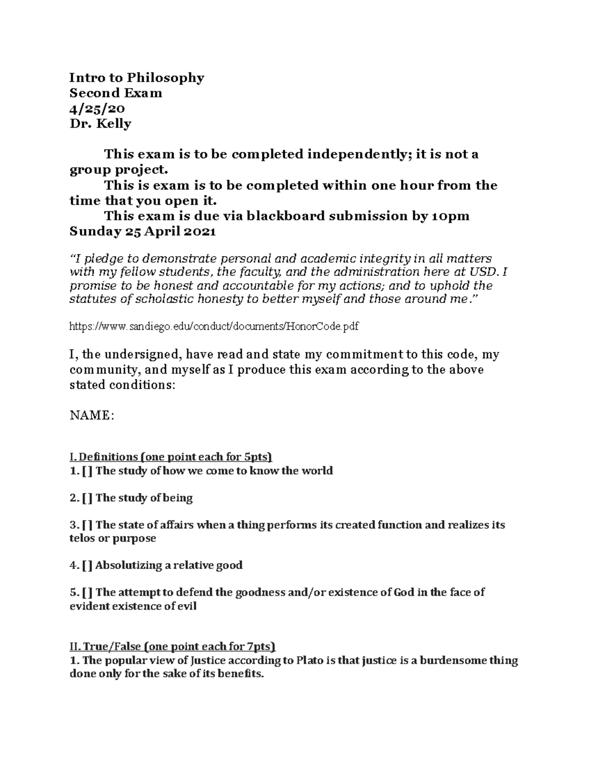 Intro to Philosophy Exam2 - Intro to Philosophy Second Exam 4/25/ Dr ...