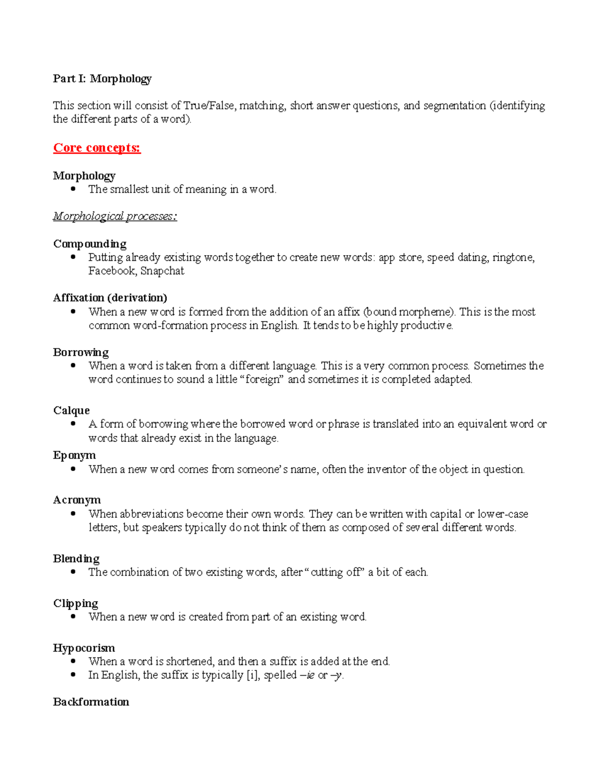 LCD 101 Test 2 Study Guide - Part I: Morphology This section will ...