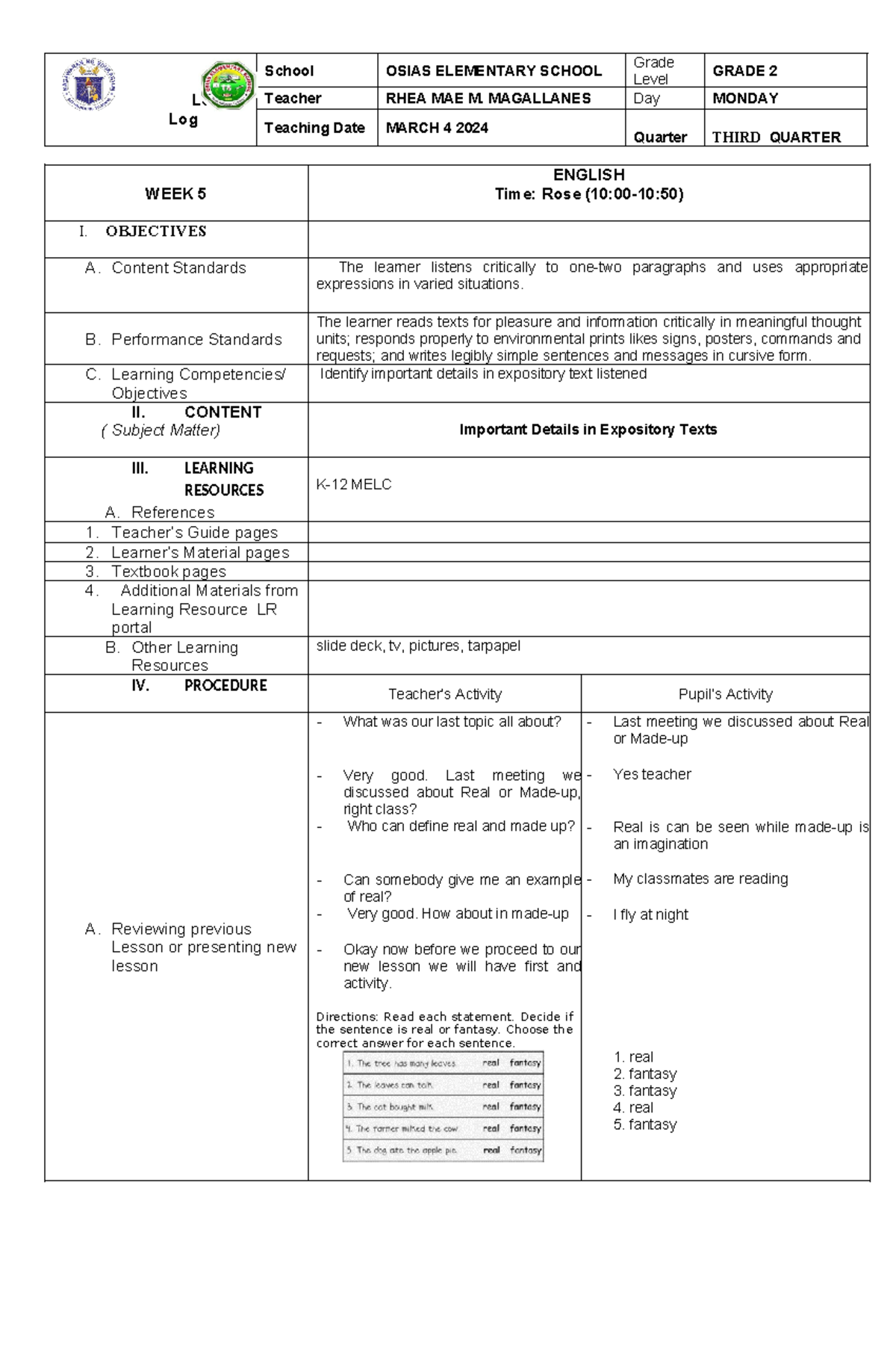DAY1 - none - Daily Lesson Log School OSIAS ELEMENTARY SCHOOL Grade ...