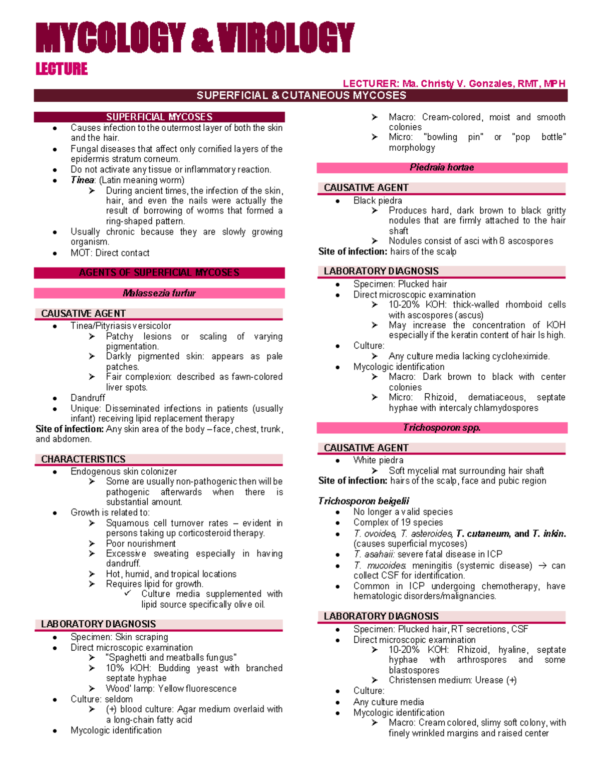 2. Superficial - Cutaneous Mycoses - MYCOLOGY & VIROLOGY LECTURE LECTURER: Ma. Christy V. - Studocu