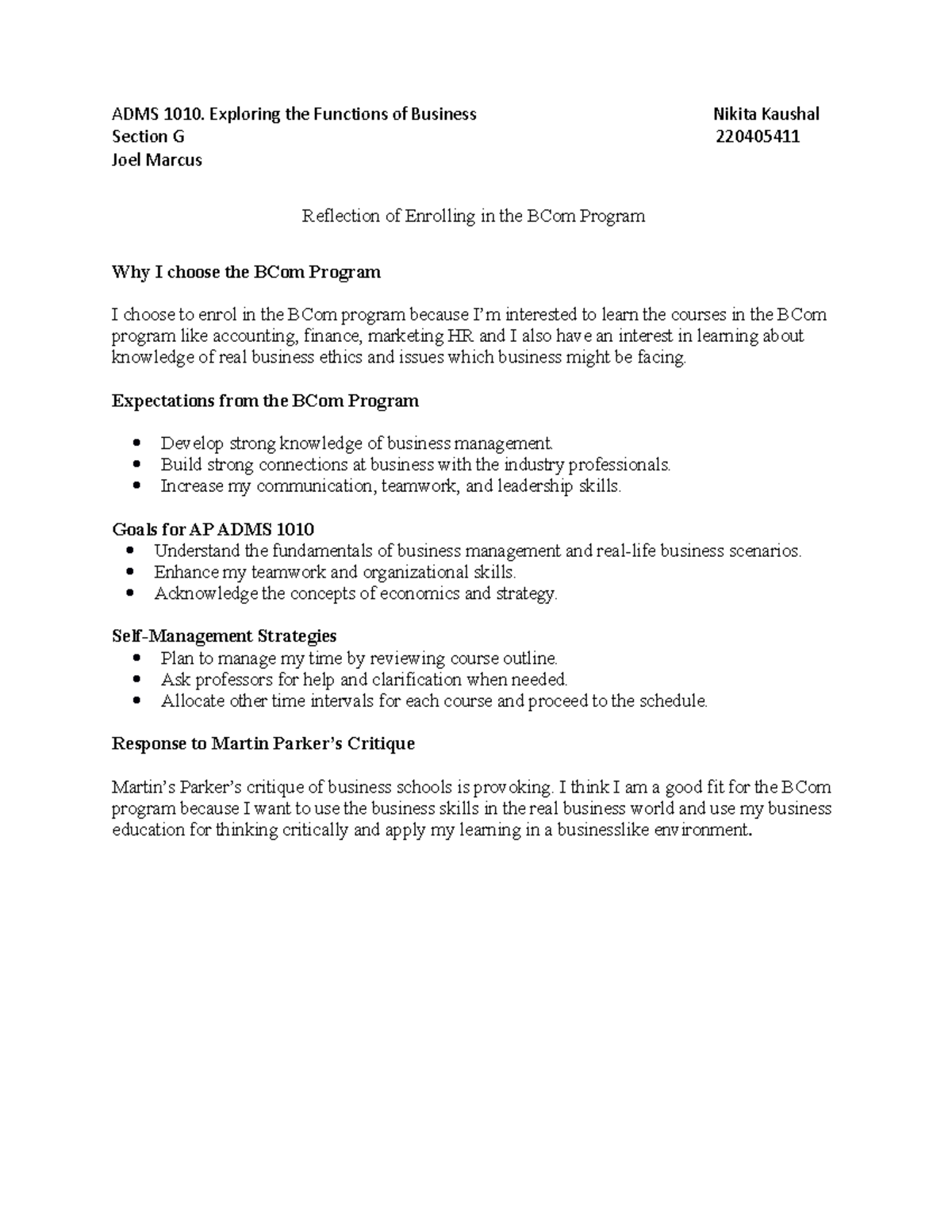 Reflection On Enrolling in The BCom Program - ADMS 1010. Exploring the ...