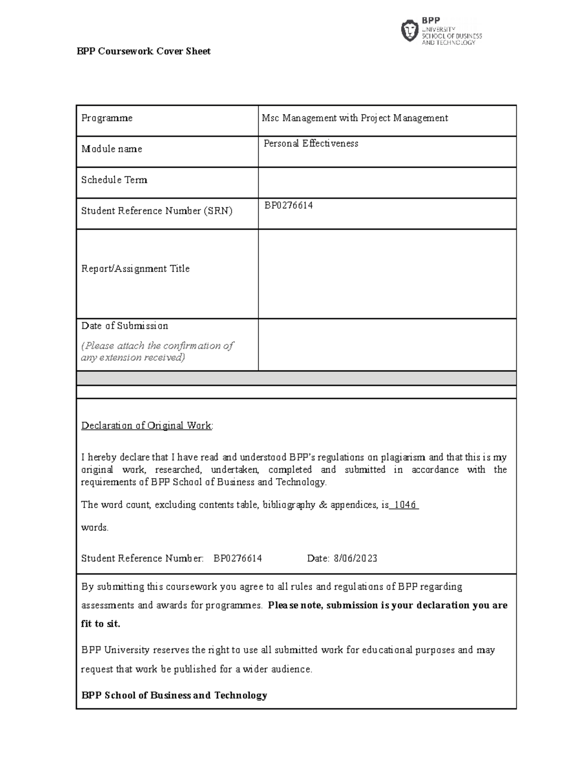 Personal Effectiveness Assessment - BPP Coursework Cover Sheet Programme Msc Management with ...