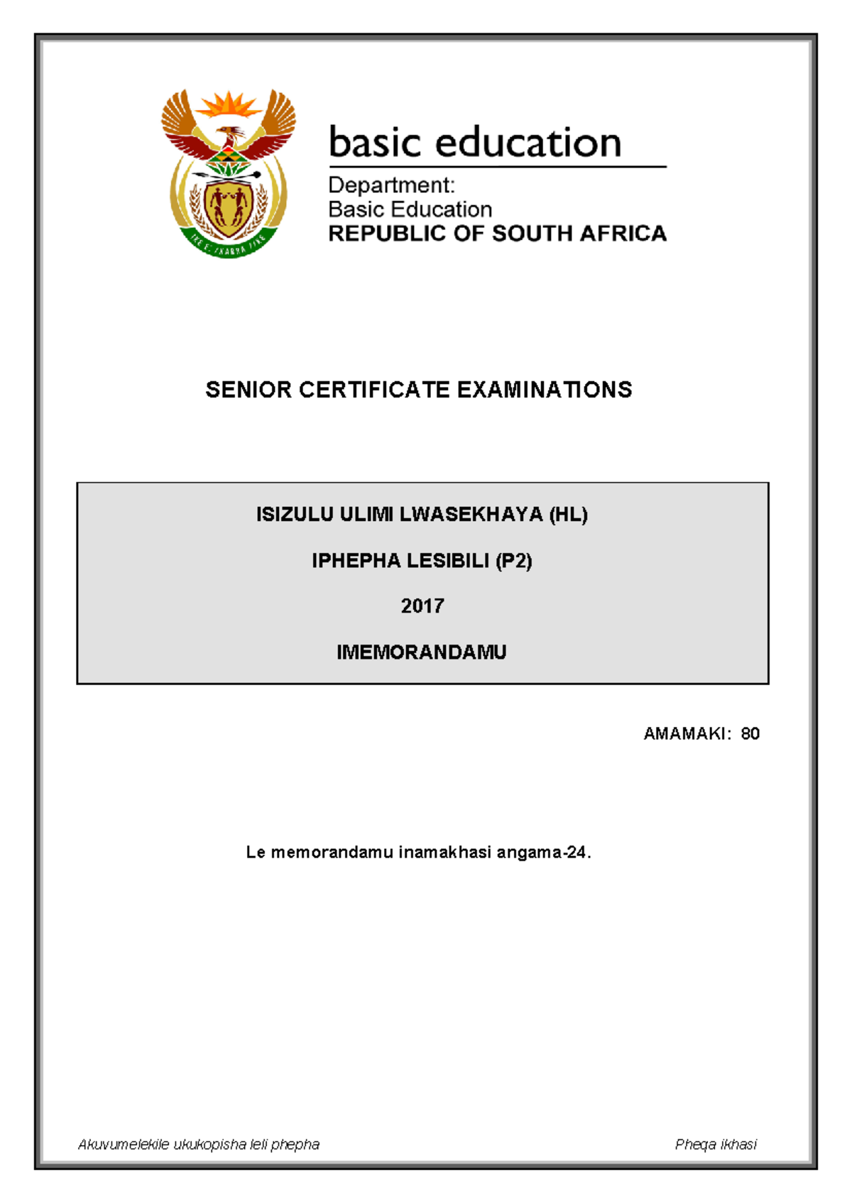 Isi Zulu HL P2 May-June 2017 Memo - SENIOR CERTIFICATE EXAMINATIONS ...