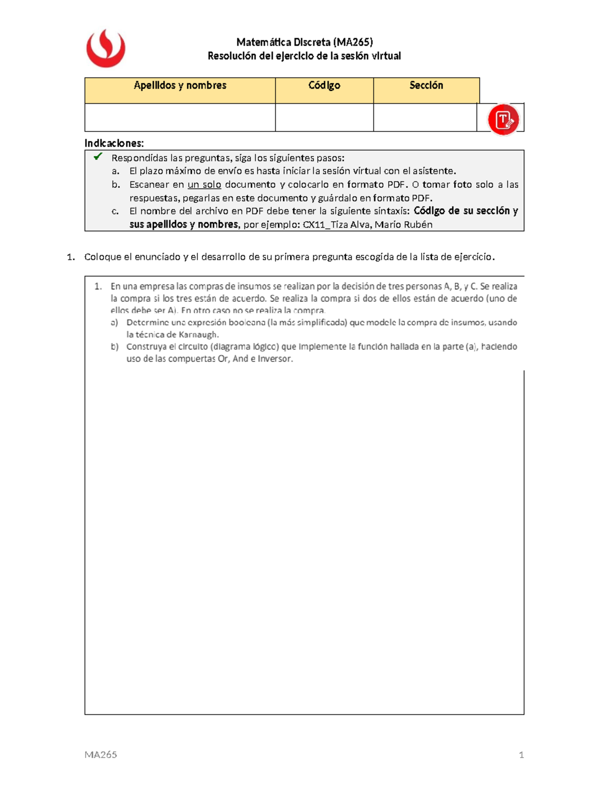 Formato para la resolución de ejercicios de la sesión virtual ...