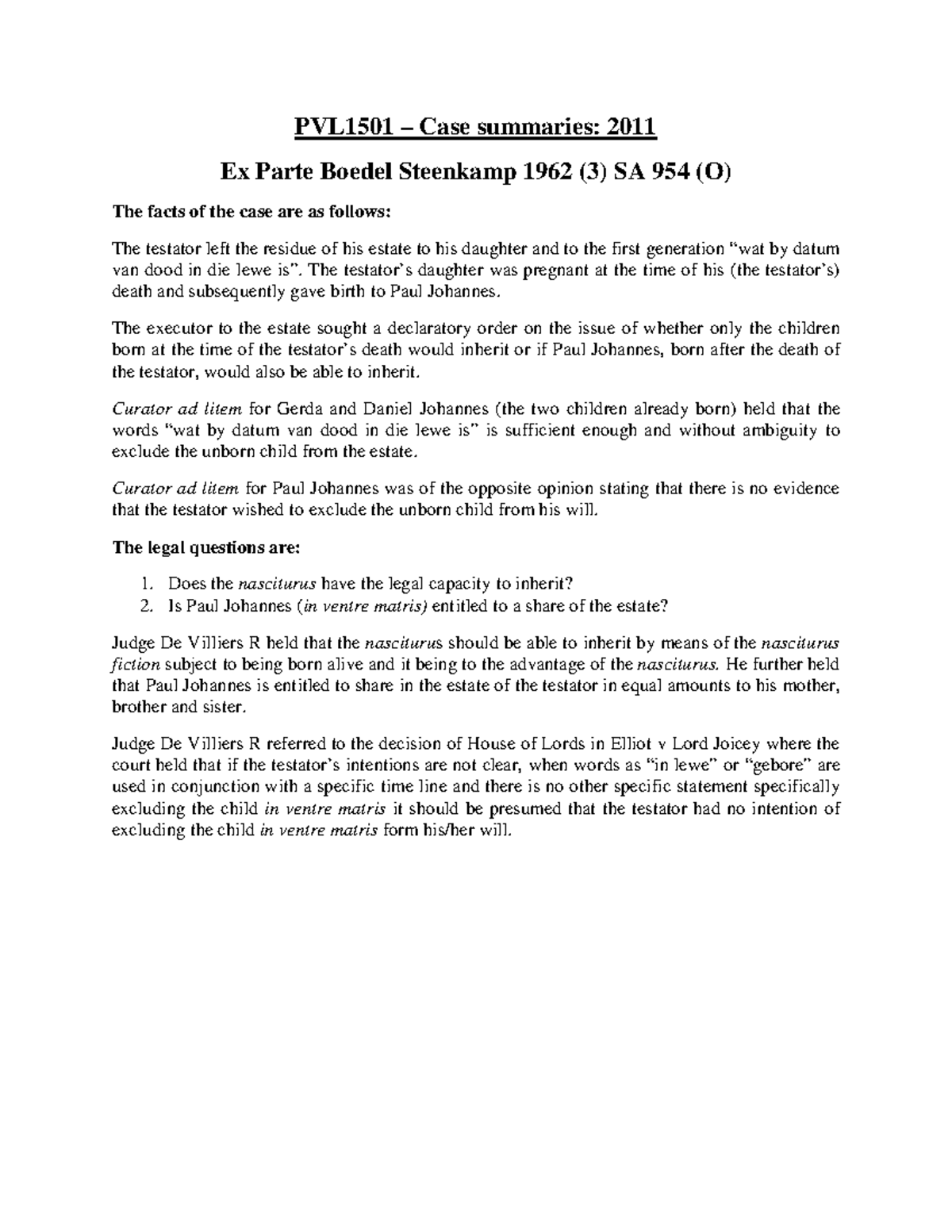 Law of persons case summaries-1 - PVL1501 – Case summaries: 2011 Ex ...