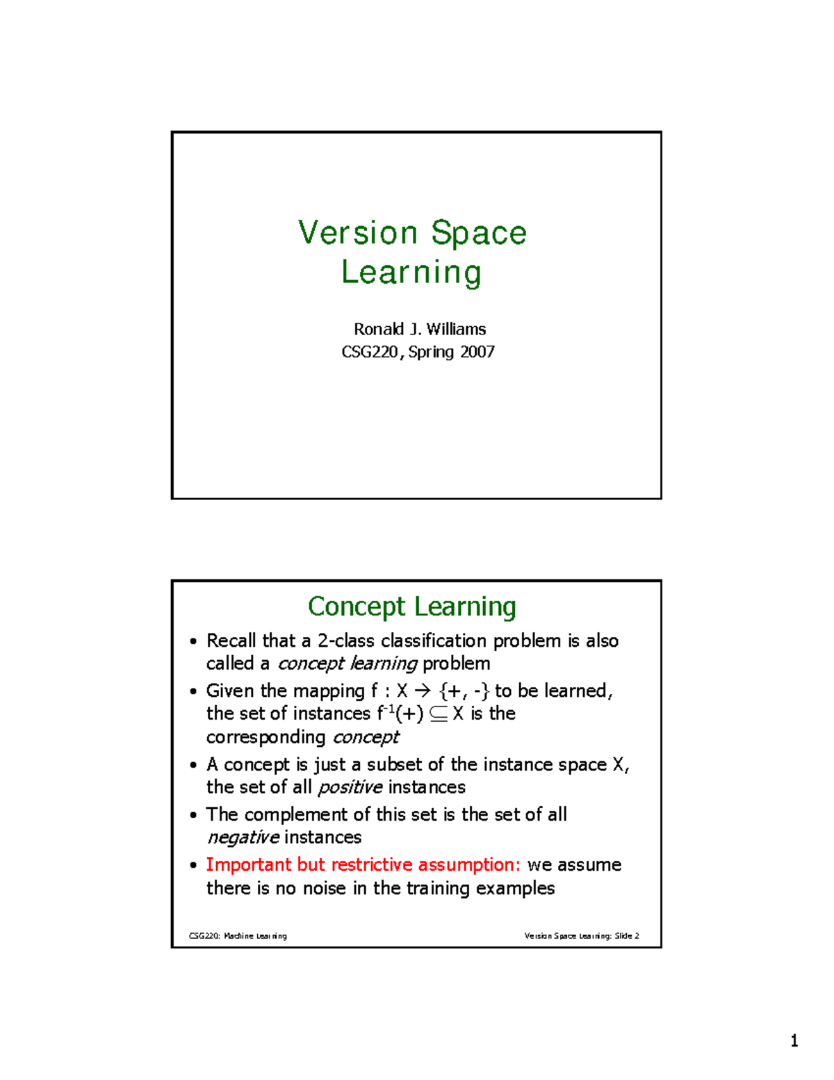 Version-spaces - Version Space Learning Ronald J. Williams CSG220 ...