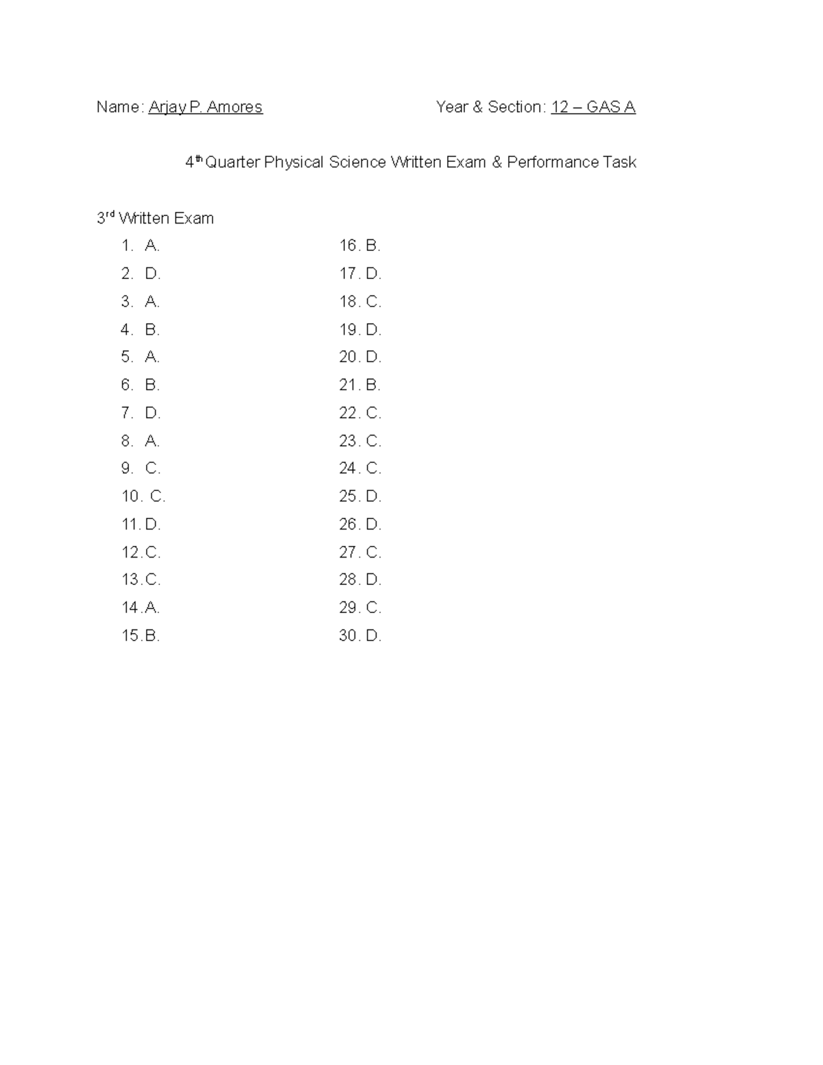 Physical Science Written Exam & Performance Task - Name: Arjay P ...