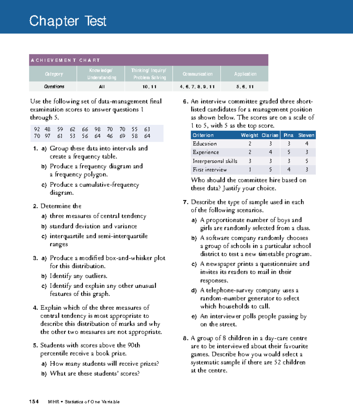 2 One Variable statistics (pg88-155) - 154 MHR • Statistics o f O ne Variable Use the following ...