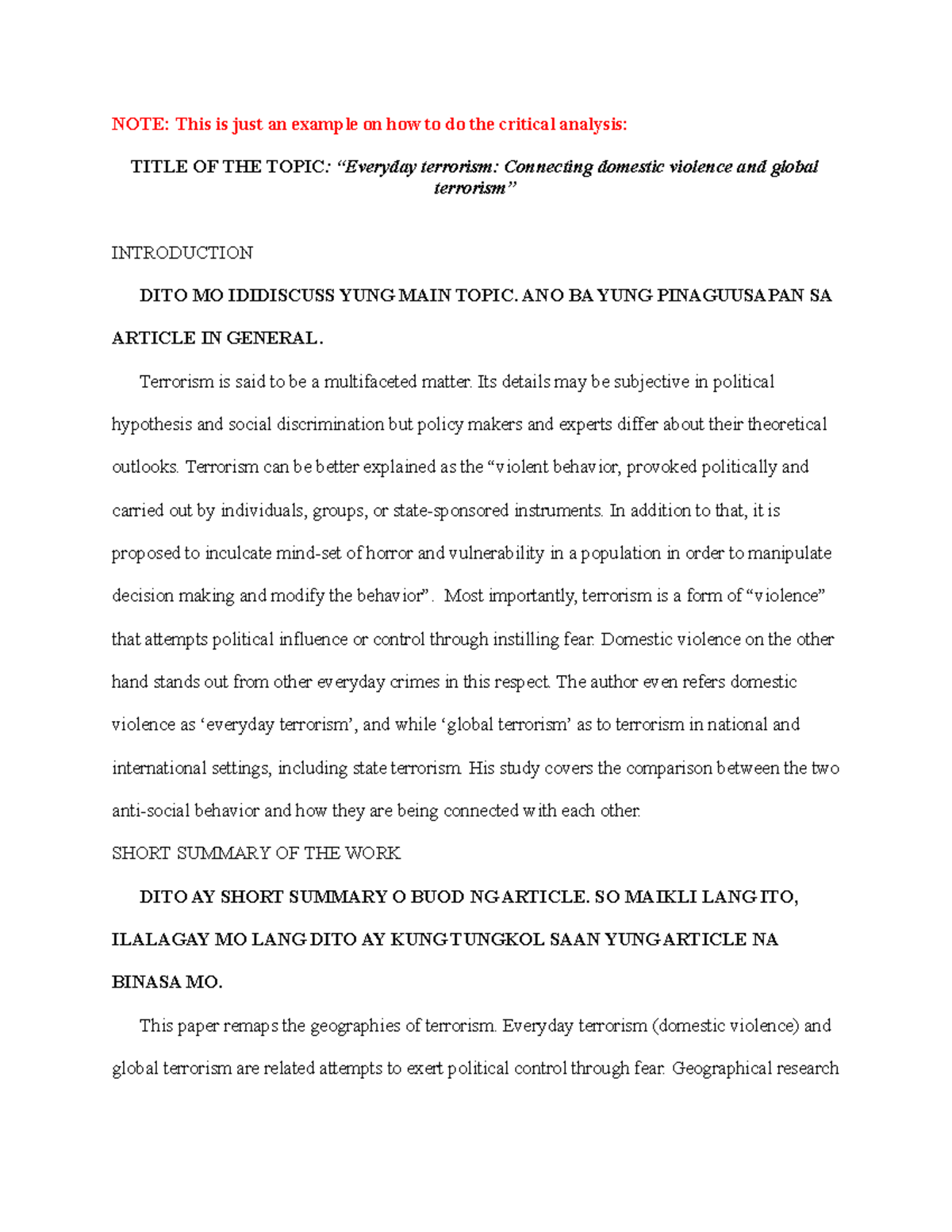 Sample- Critical- Analysis - NOTE: This is just an example on how to do ...