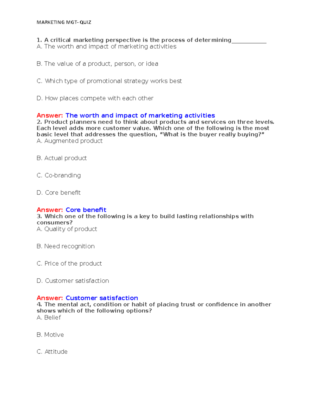 QUIZ 2-MKT MGT - practice - MARKETING MGT- QUIZ A critical marketing ...
