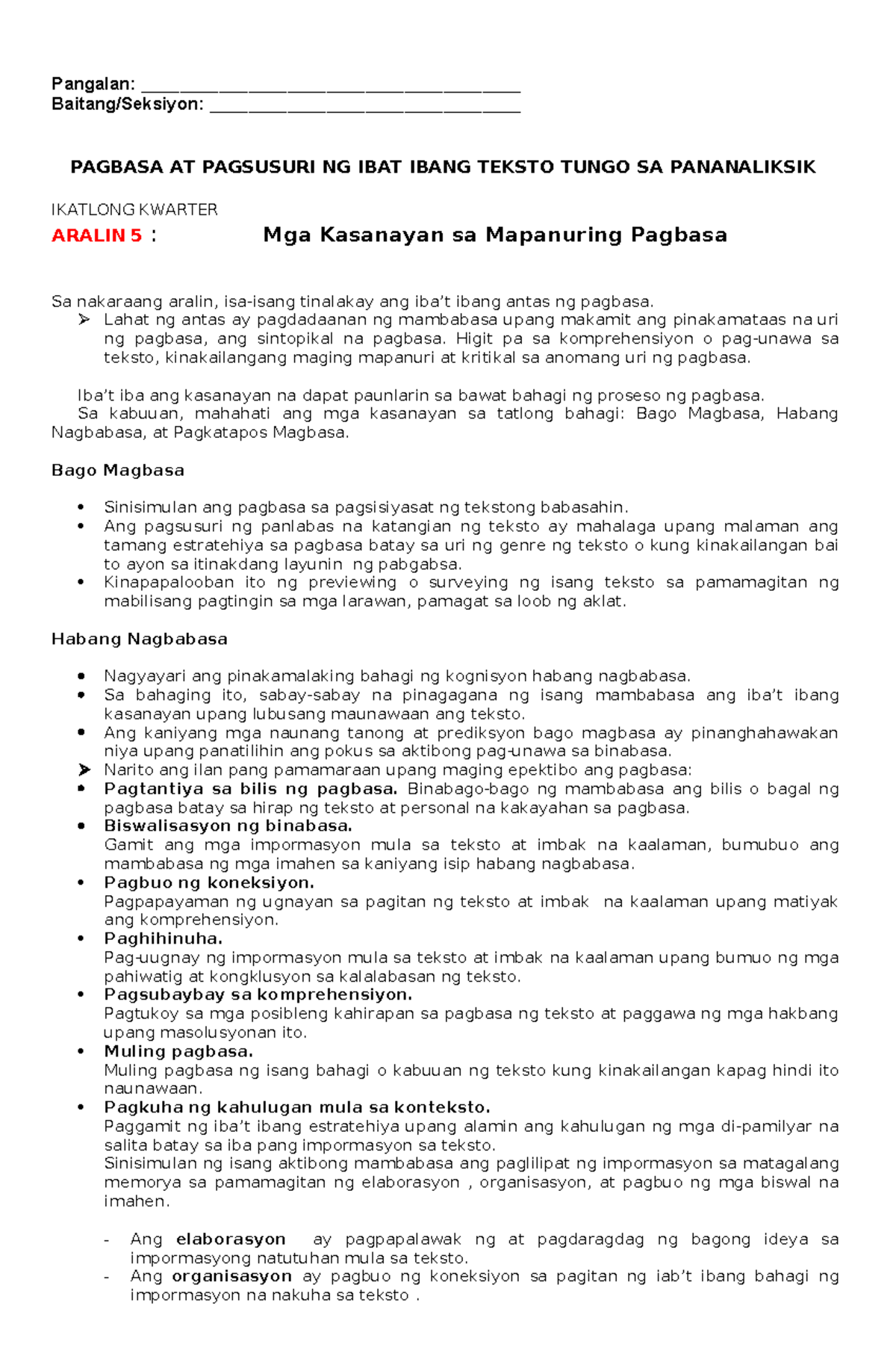 Q3 Pagbasa AT Pagsusuri Aralin 5 6 - Pangalan: _______________________________________ - Studocu