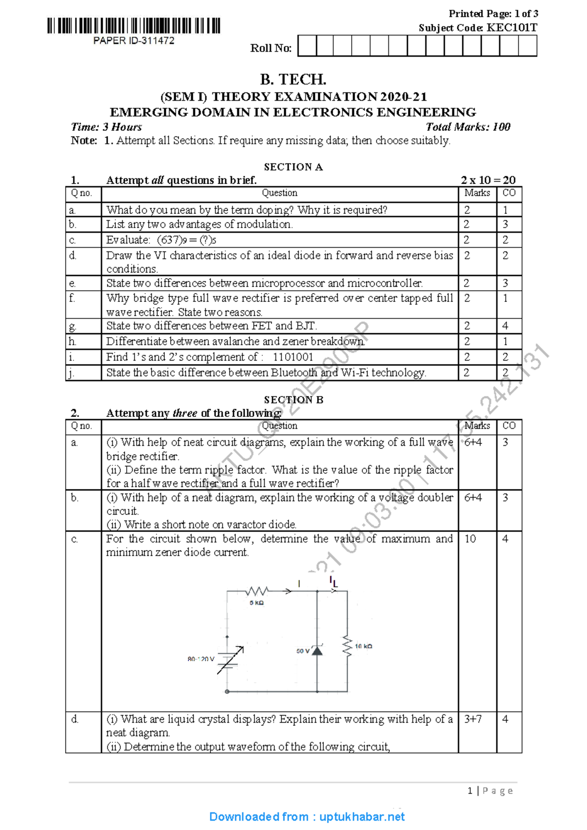 Emerging Domain IN Electronics Engineering KEC 101T 20 1 - AKTU_QP20E290QP | 13-Mar-2021 09:03: ...