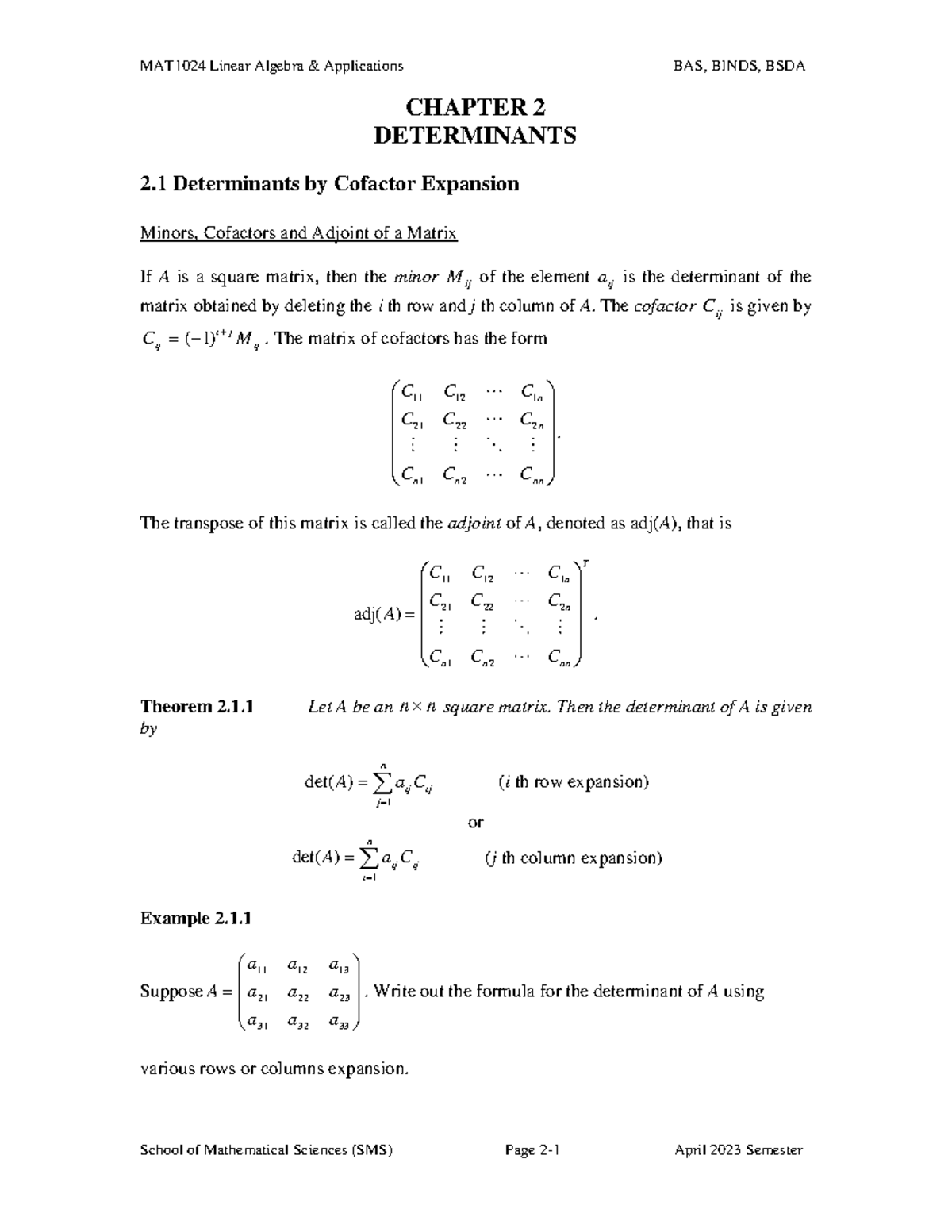 Lecture Note 2 - Linear algebra notes - CHAPTER 2 DETERMINANTS 2 .1 ...