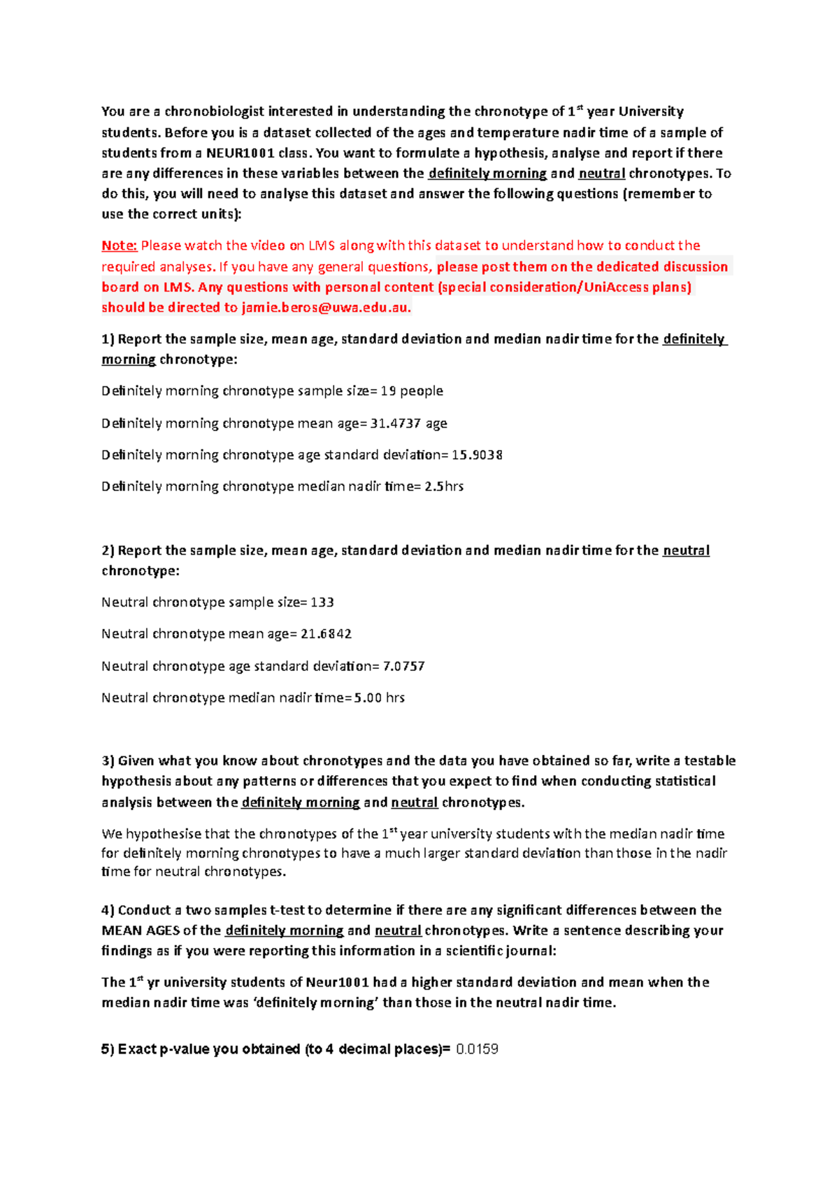 NEUR1001 W5 Chronotypes - You are a chronobiologist interested in ...