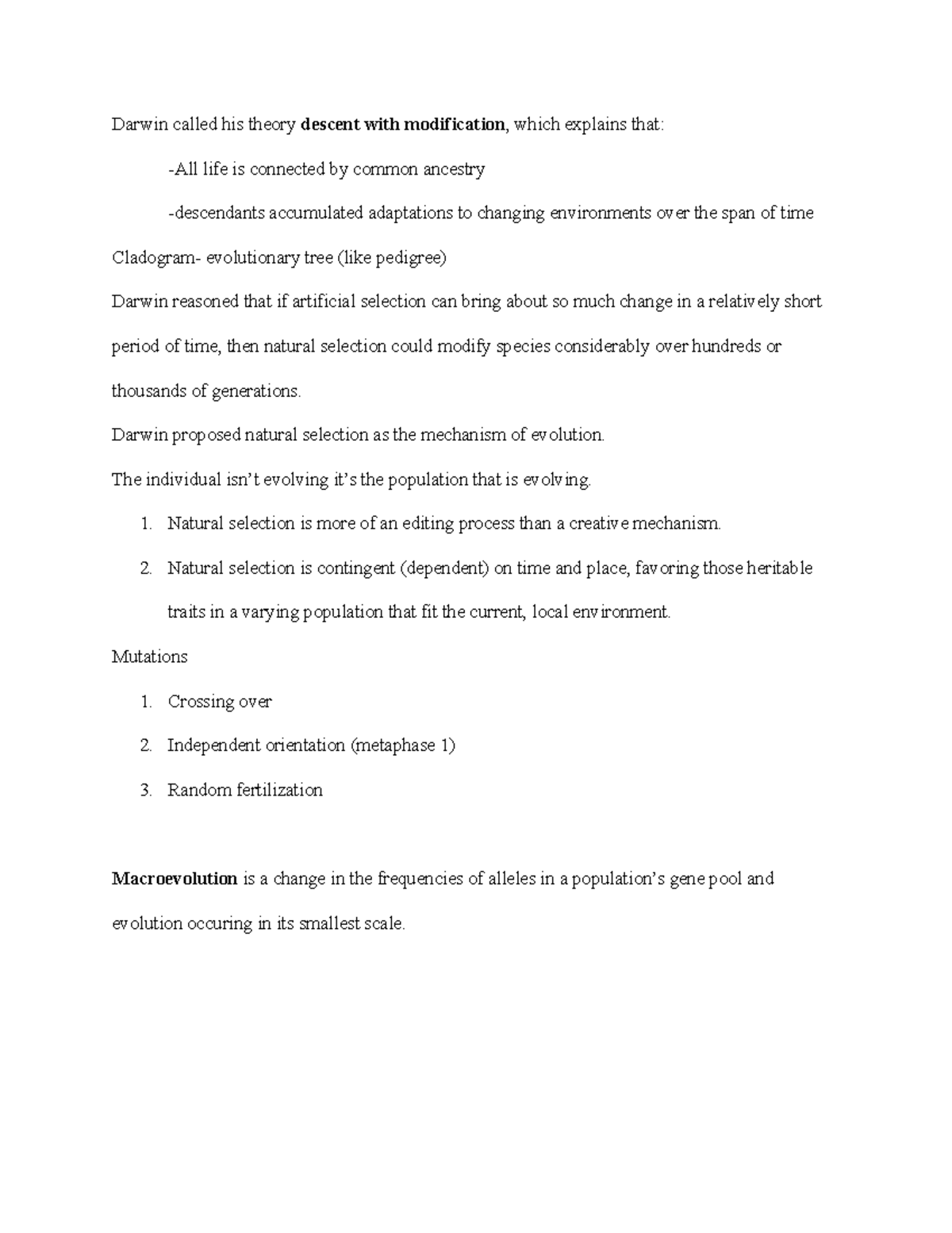 DC Bio 2 Notes - Darwin called his theory descent with modification ...
