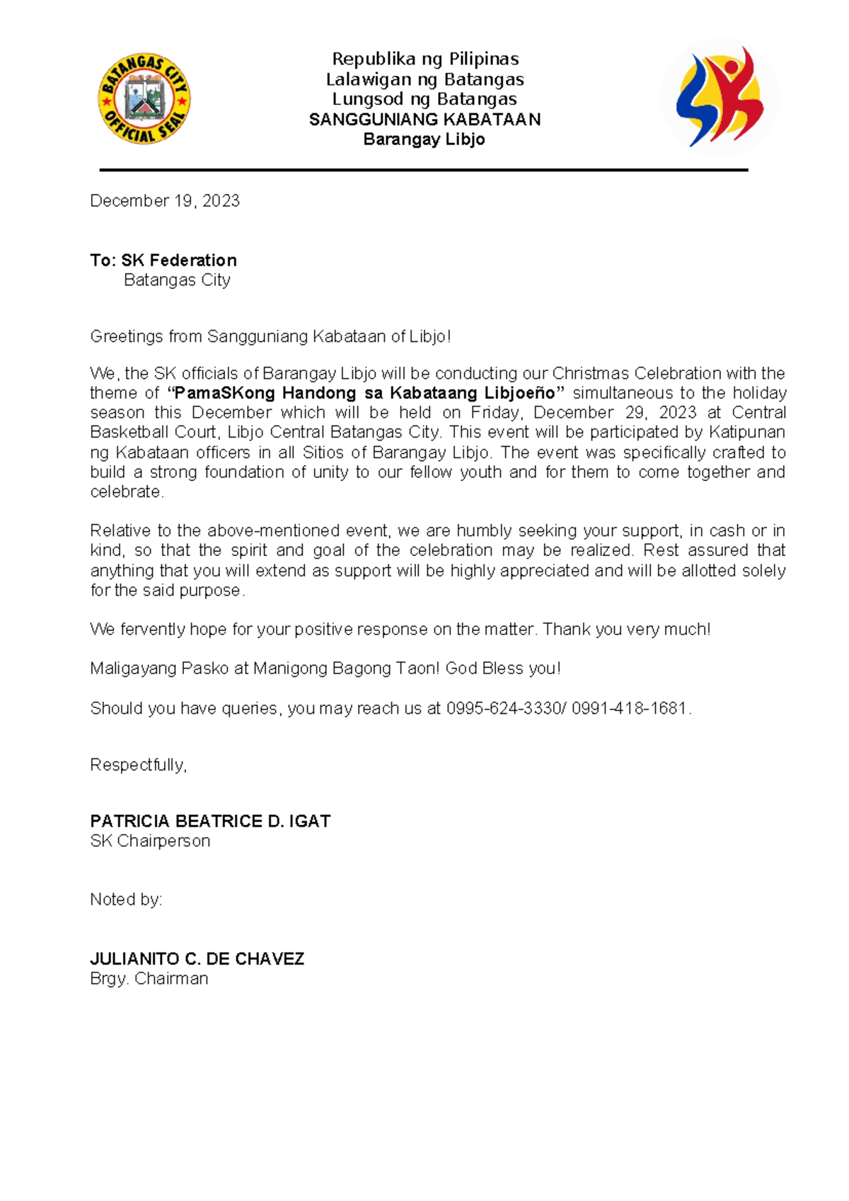 Solicitation Letter FOR Christmas Final - Lalawigan ng Batangas Lungsod ...