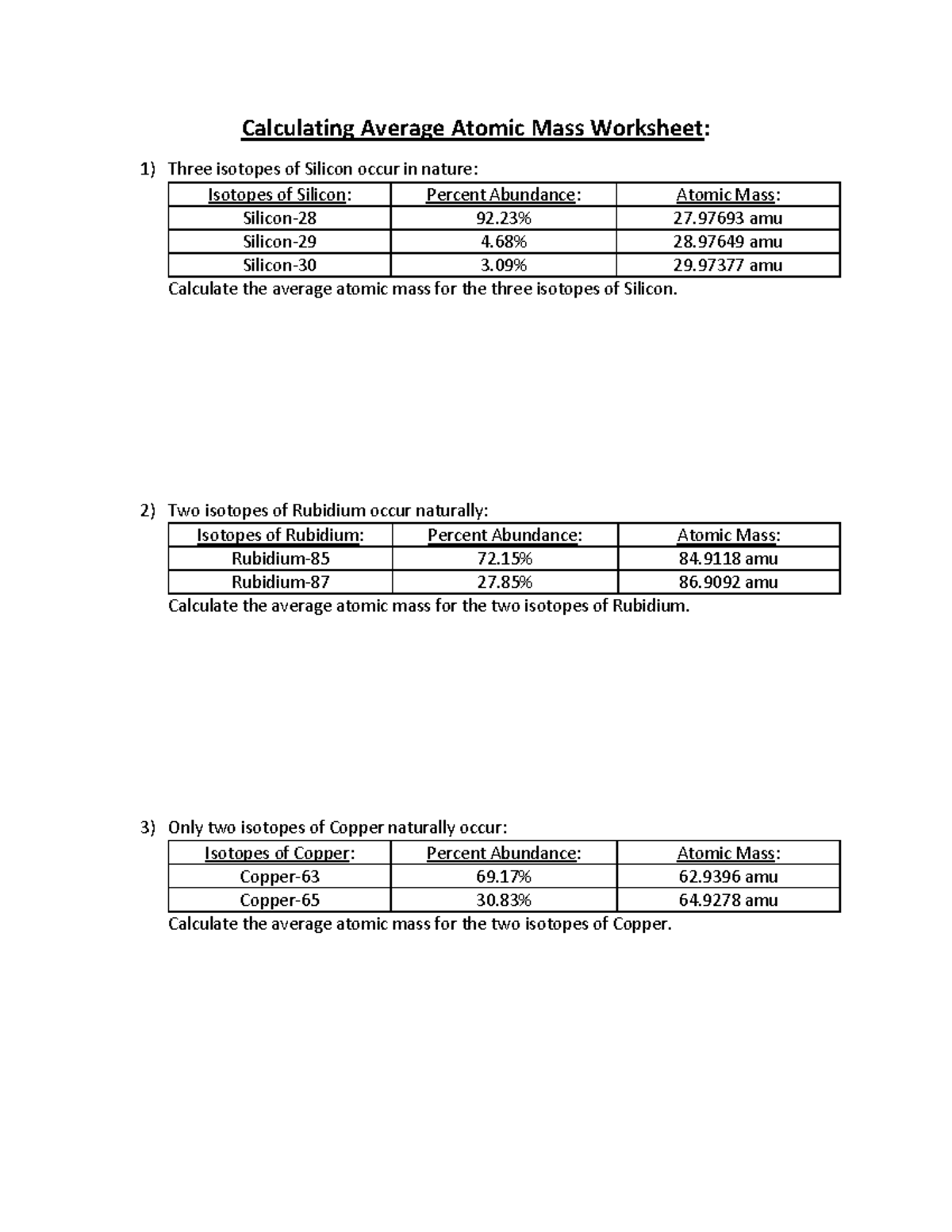 Average atomic mass worksheet - Calculating Average Atomic Mass ...