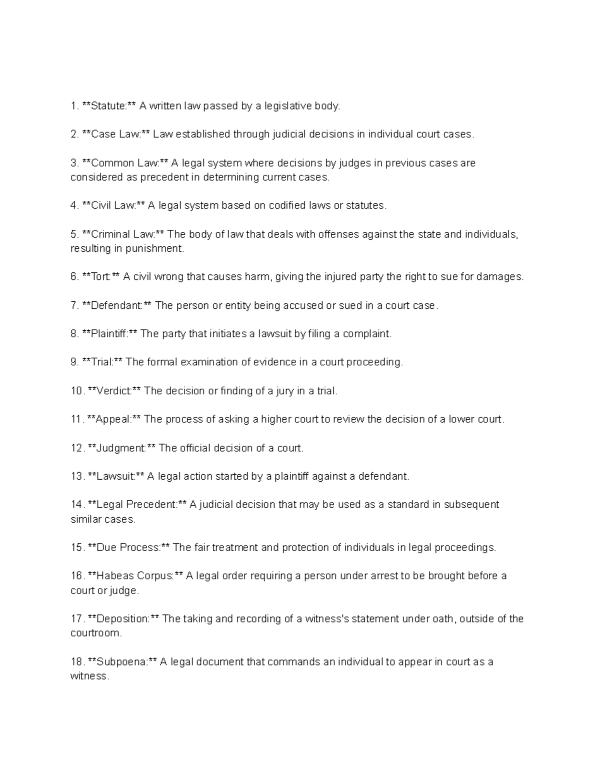 Law key terms - Statute: A written law passed by a legislative body ...