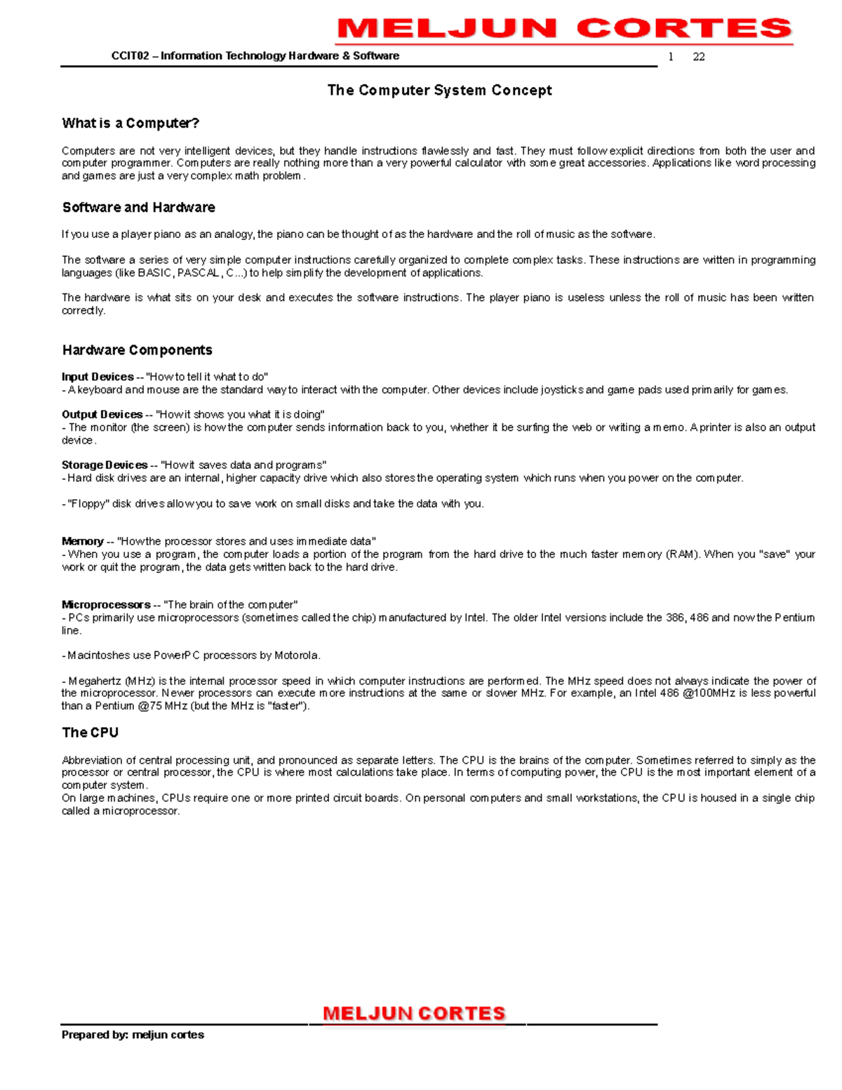 Instructional Manual Information Technology Hardware Software CCIT02 - The Computer System ...