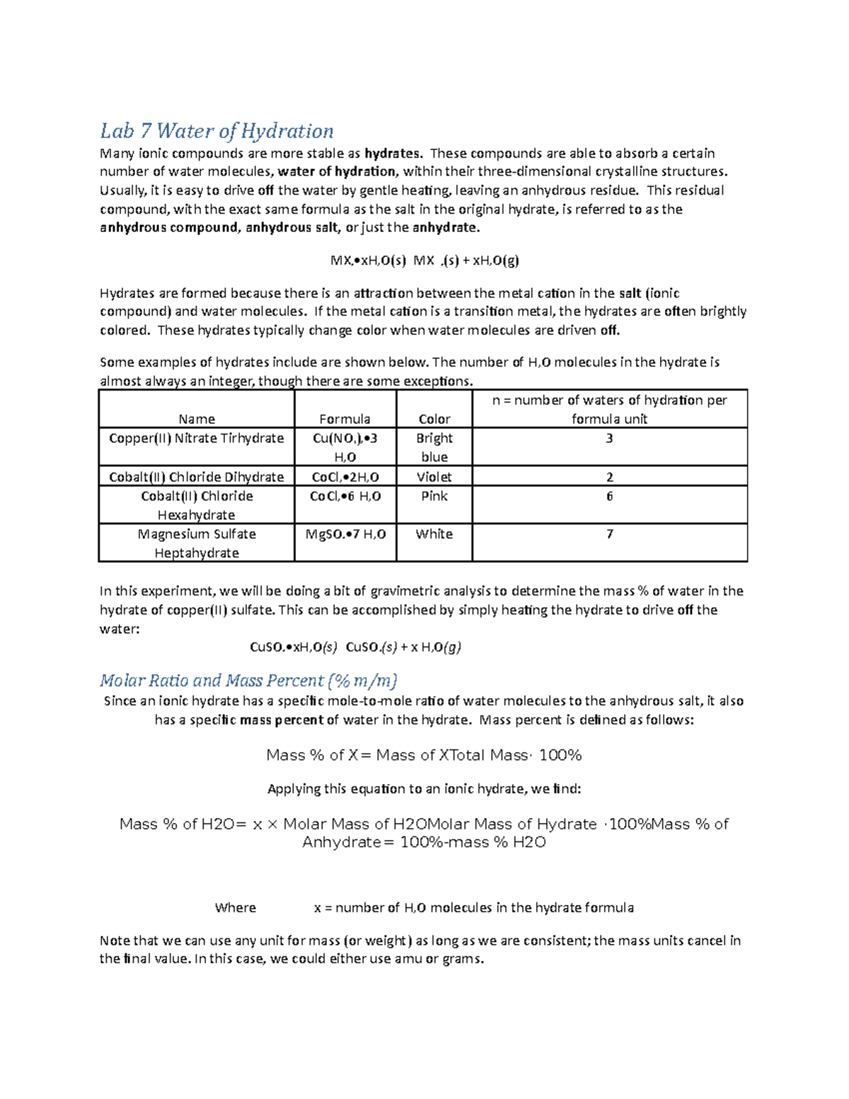 Chemeistry - CHEM ASSIGNMENT - Lab 7 Water of Hydration Many ionic ...