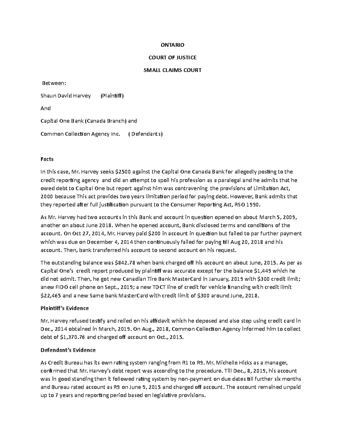 Martin - case brief of Shaun David - ONTARIO COURT OF JUSTICE SMALL ...