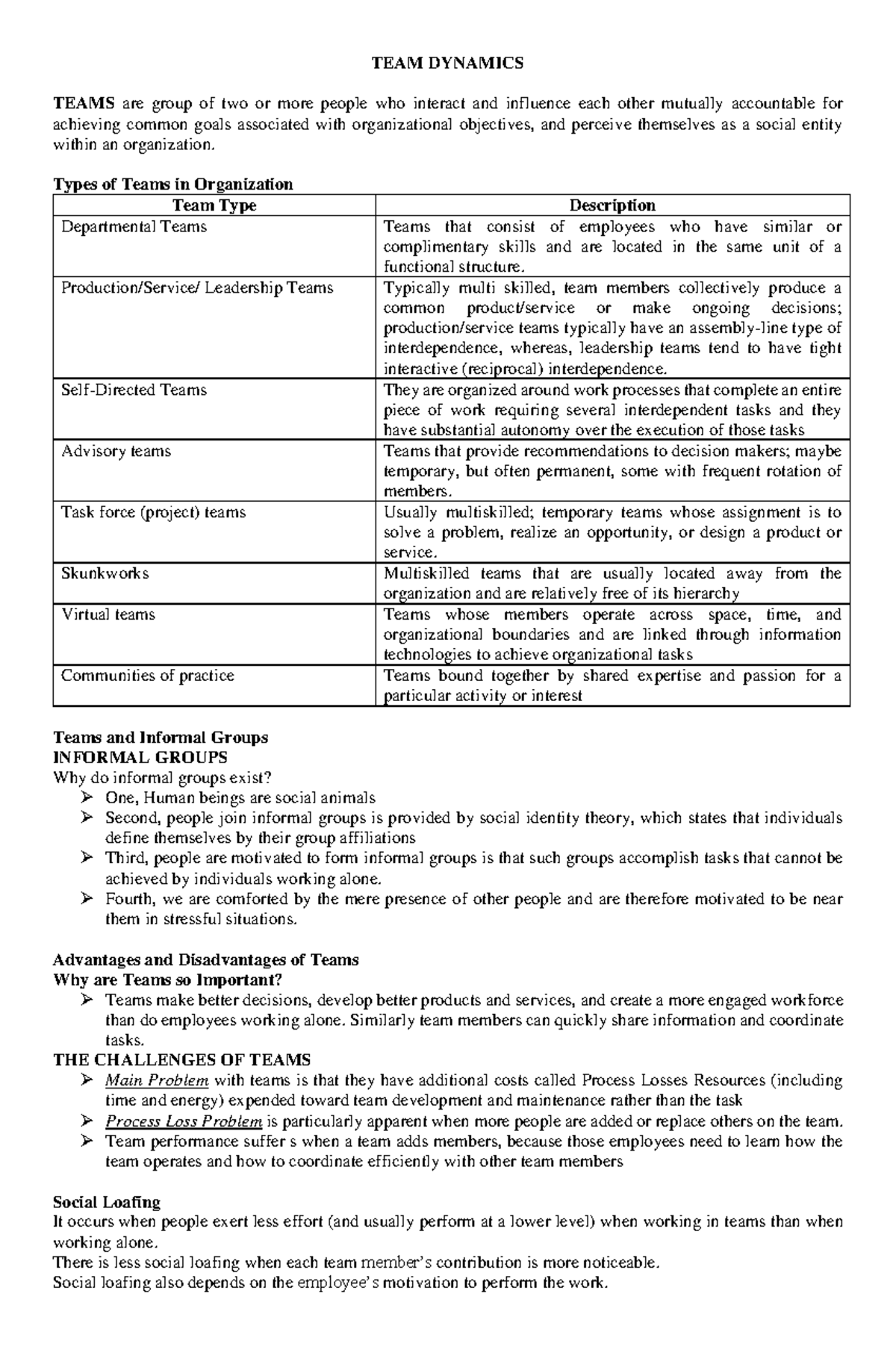 Dynamics of a Team - TEAM DYNAMICS TEAMS are group of two or more ...