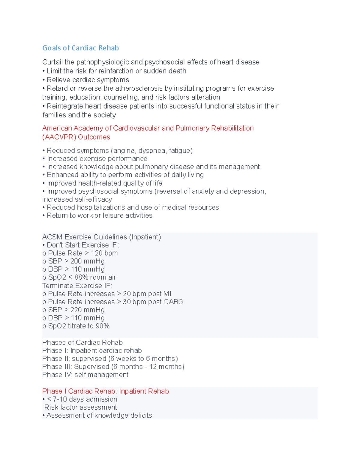 Goals of Cardiac Rehab - notes - Goals of Cardiac Rehab Curtail the ...