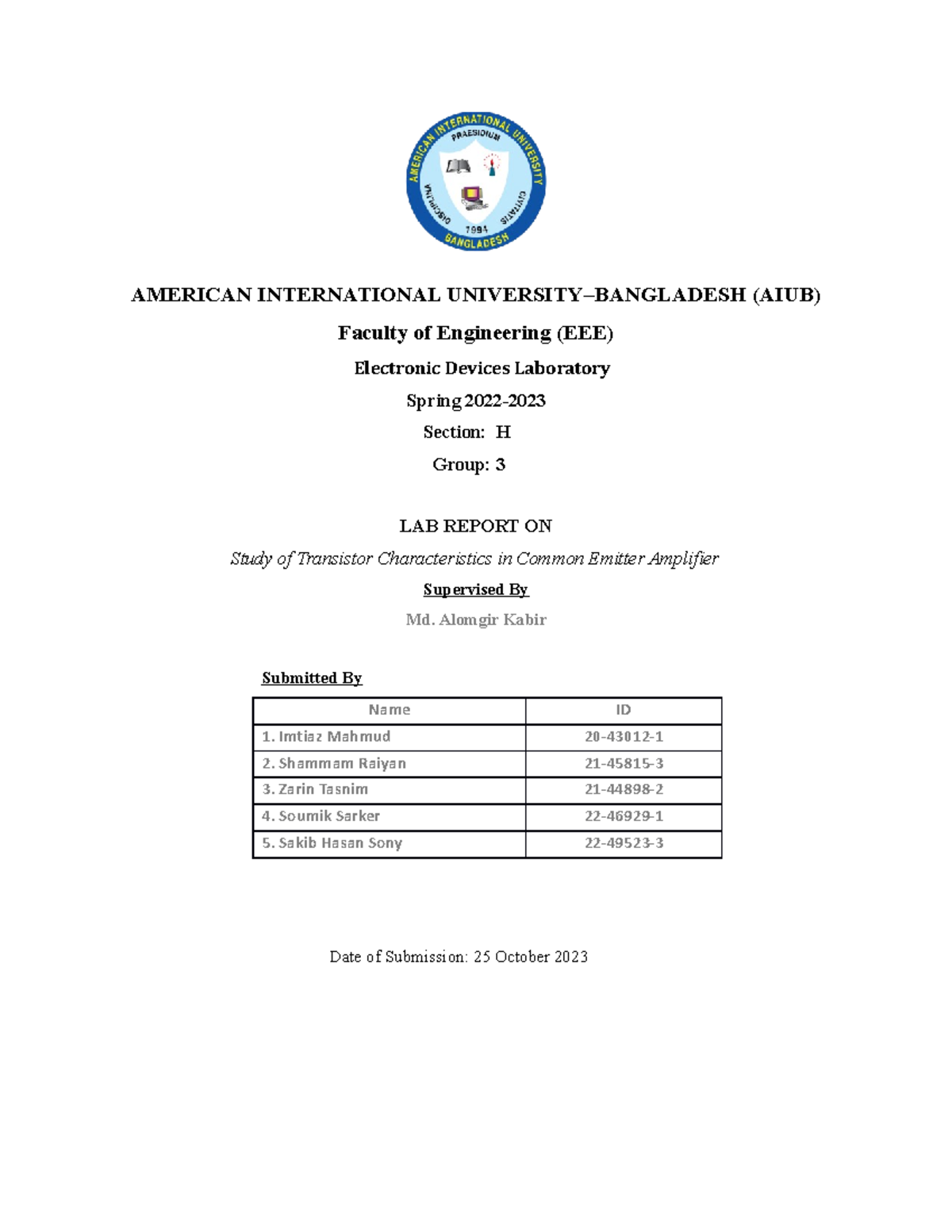 ED Lab2 Group 3 reeb - Lab Report on transistors - AMERICAN INTERNATIONAL UNIVERSITY–BANGLADESH ...