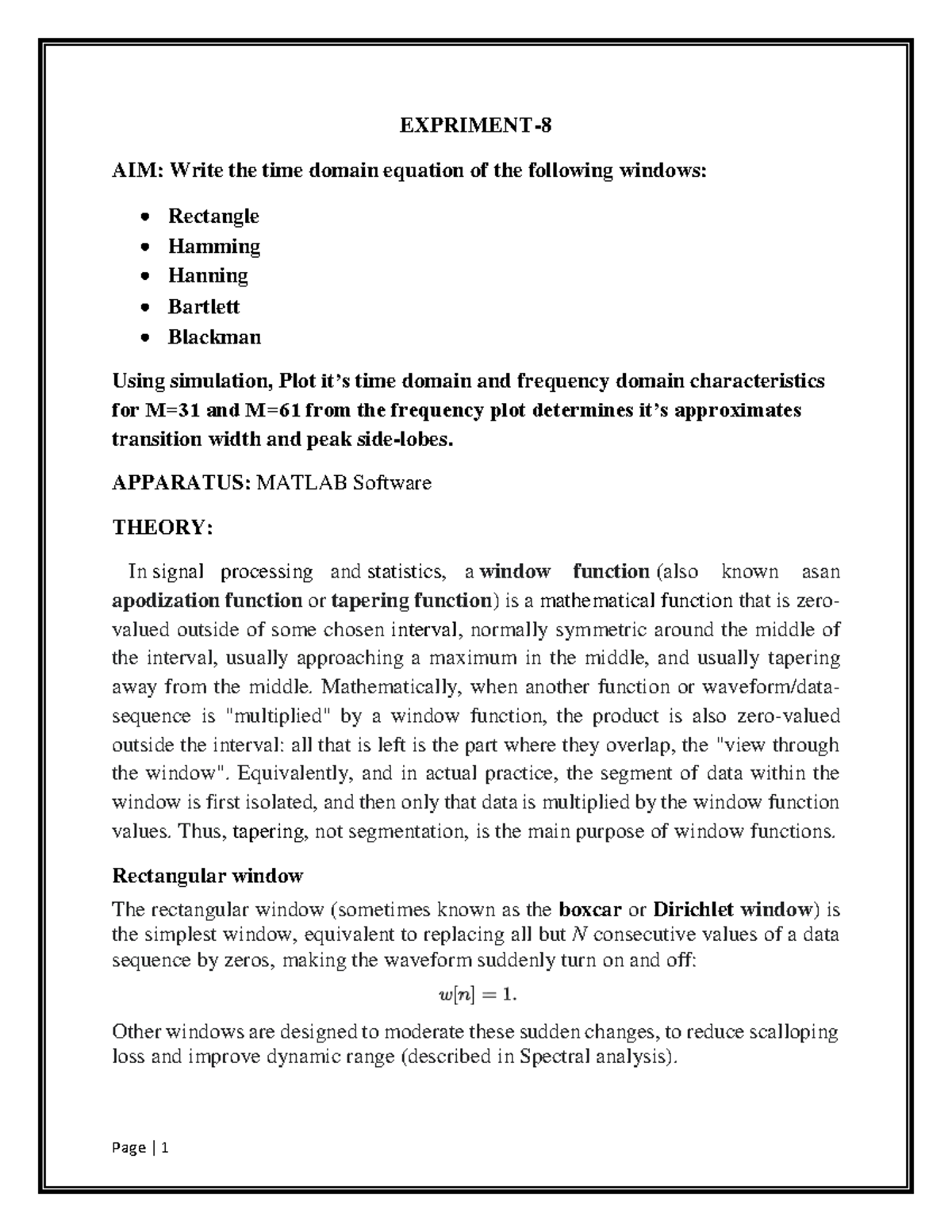 Expriment 8 - EXPRIMENT- 8 AIM: Write the time domain equation of the following windows ...