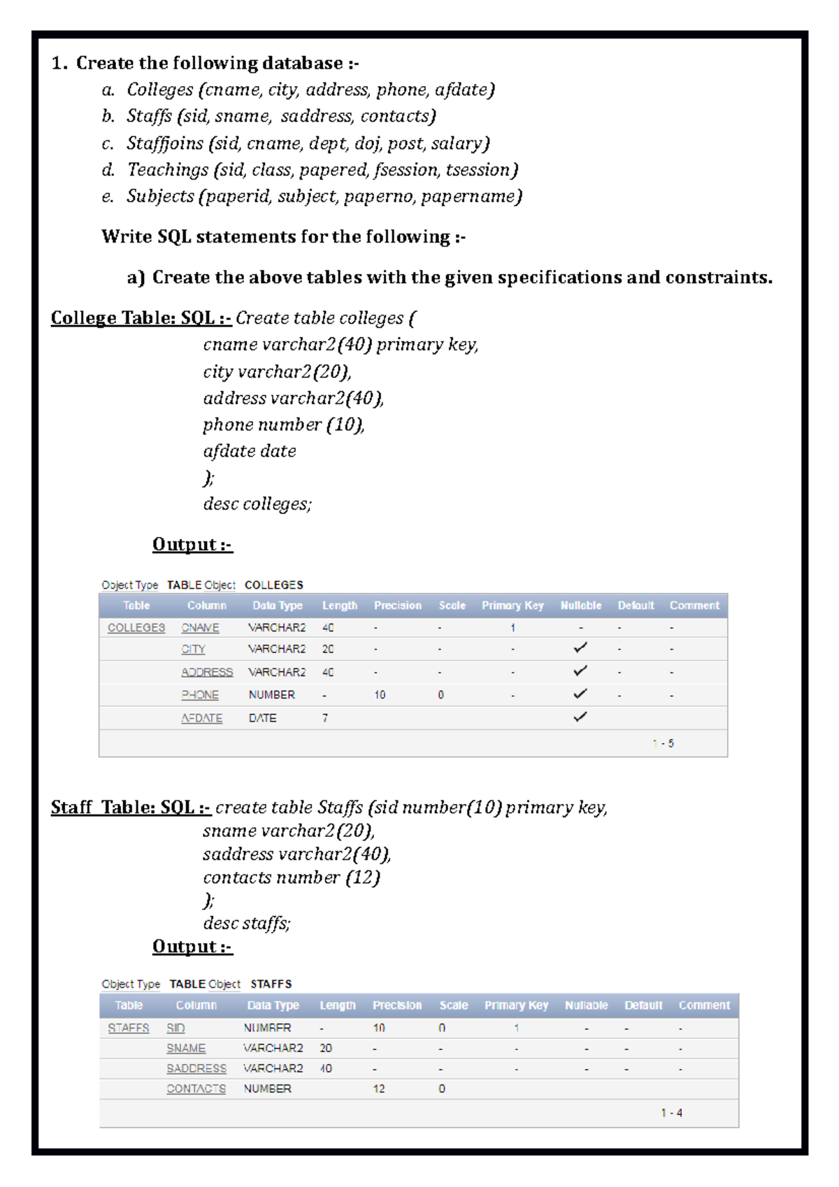 Assignment 1 - Create the following database :- a. Colleges (cname ...