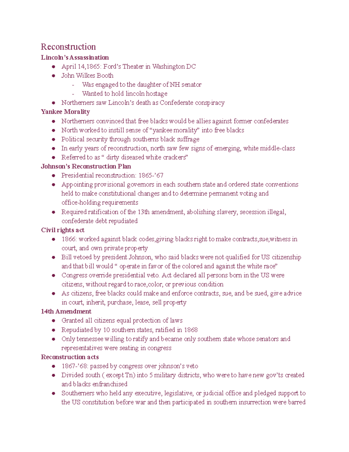 Reconstruction - Professor Kelley - Reconstruction Lincoln’s ...