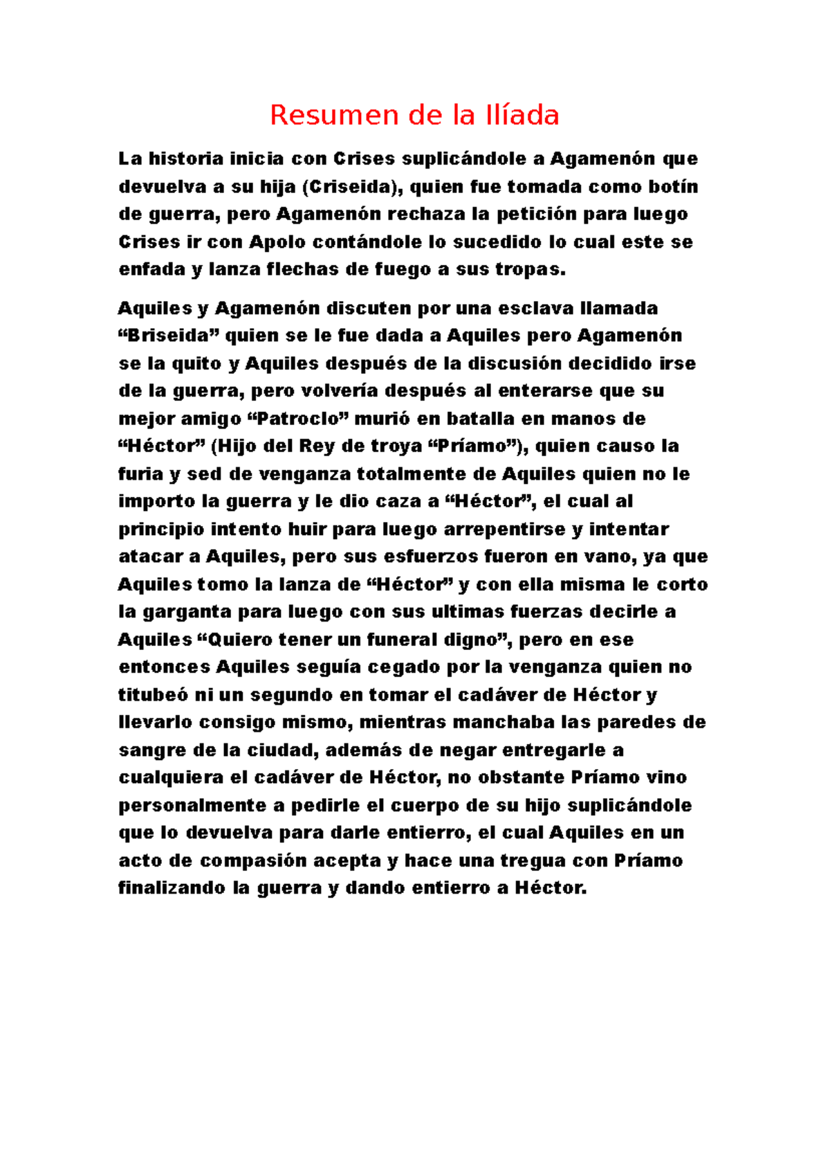 Resumen de la Ilíada - ANONIMO - Resumen de la Ilíada La historia ...