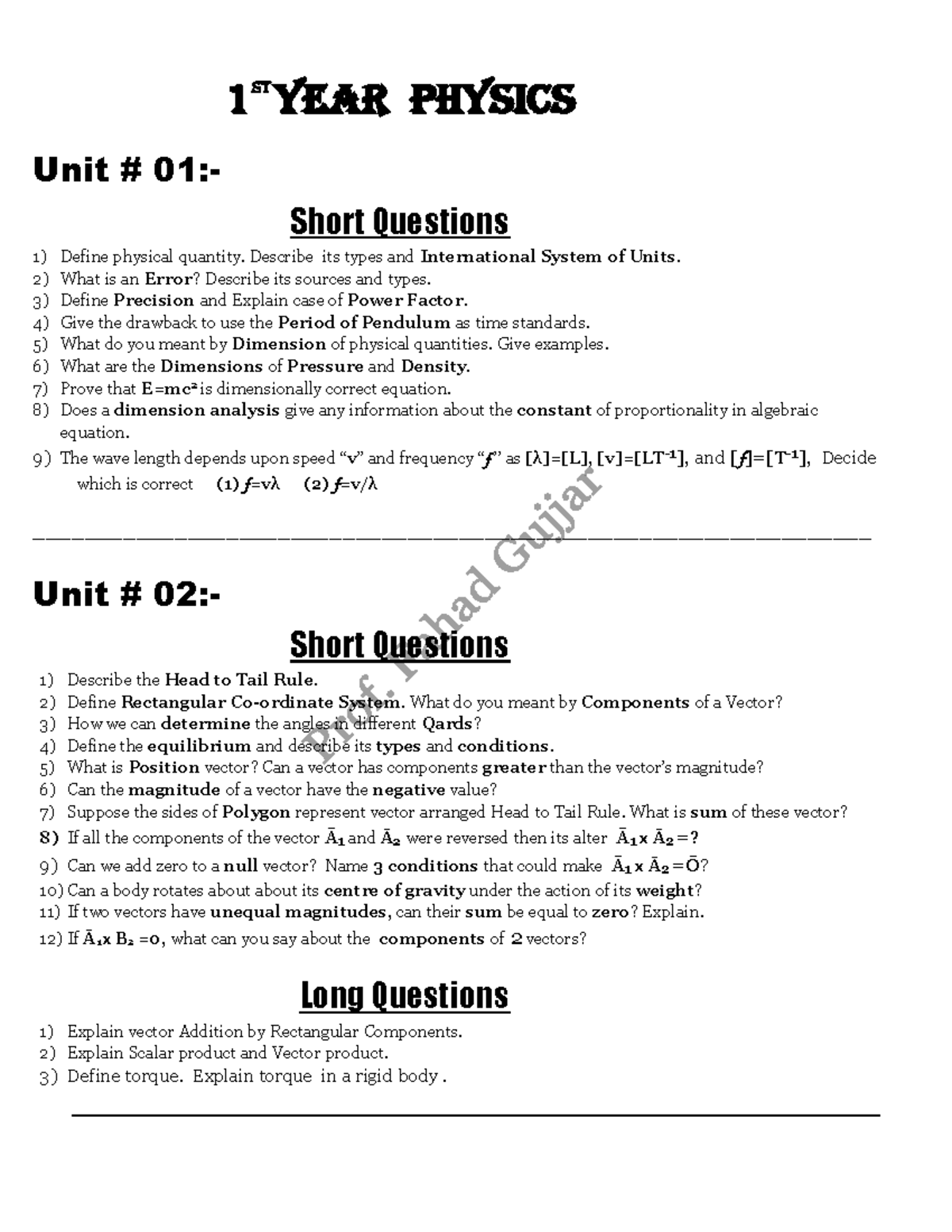 Physics 11 - 1 st year Physics Unit # 0 1:- Short Questions Define ...