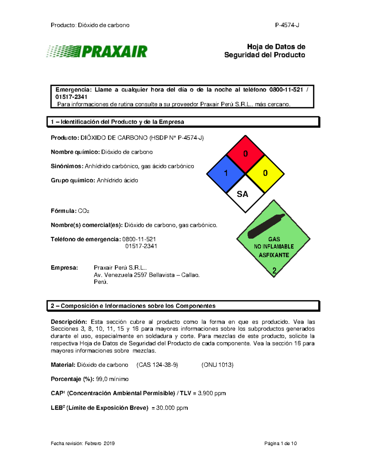 Dióxido DE Carbono Praxair 02-2018 - Emergencia: Llame a cualquier hora ...