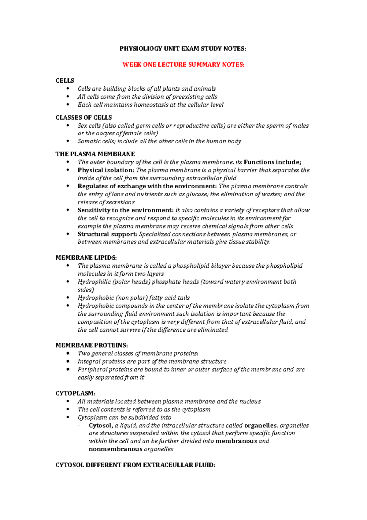Whole study notes - Summary Cells and Genes - PHYSIOLIOGY UNIT EXAM ...