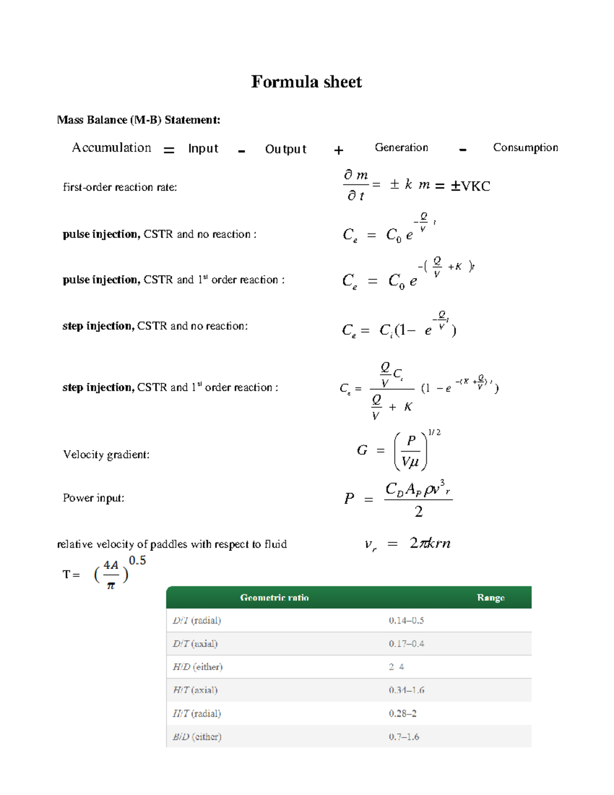 Midterm Formula Sheet (2024-05-24) - 2 3 CD AP v r P = Formula sheet Mass Balance (M-B ...
