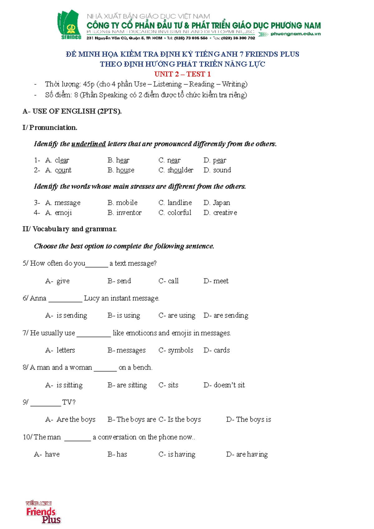 Tiếng anh 7 Friends Plus Unit 2 Test 1 - ĐỀ MINH HỌA KIỂM TRA ĐỊNH KỲ ...