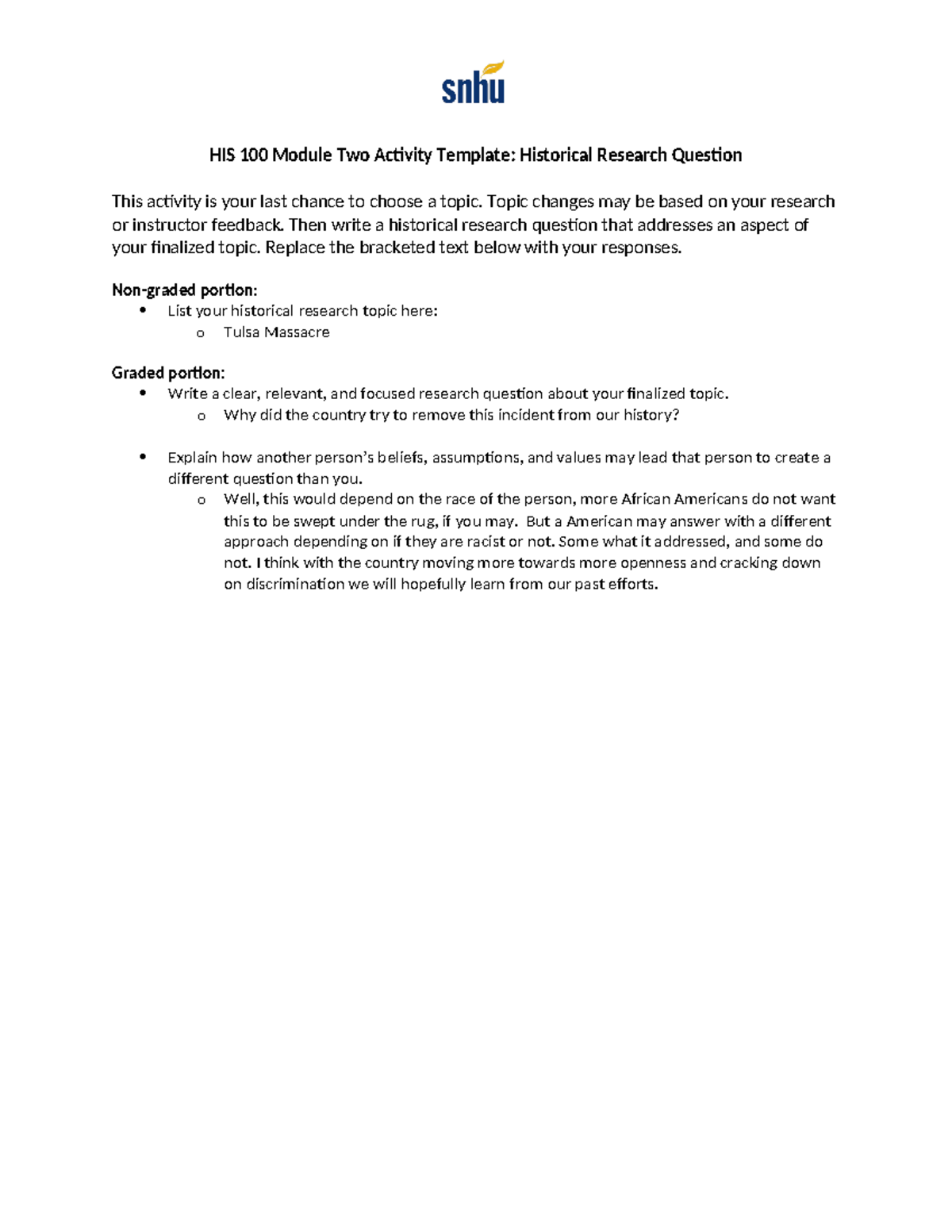 HIS 100 Module Two Activity Research Question Template - HIS 100 Module ...
