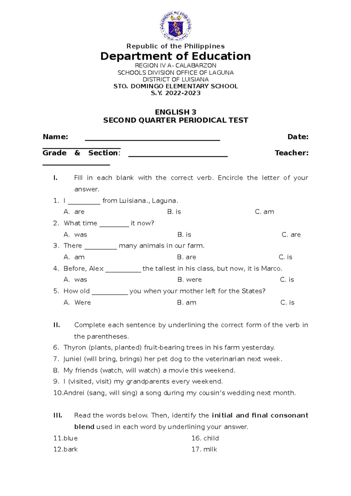 Second Periodical TEST IN English 3 - Republic of the Philippines ...